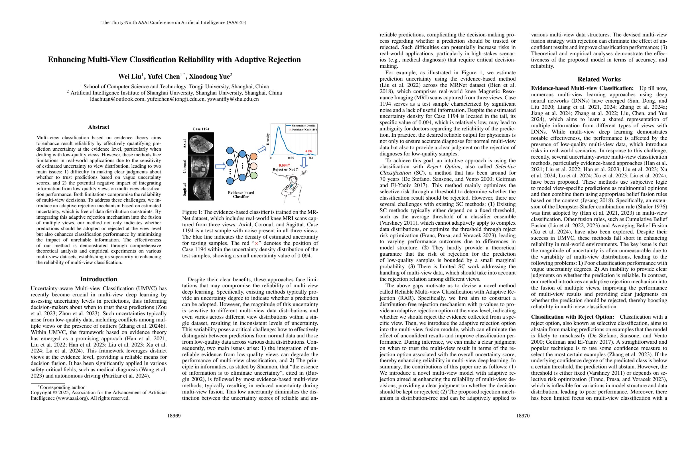 Enhancing Multi-View Classification Reliability with Adaptive Rejection