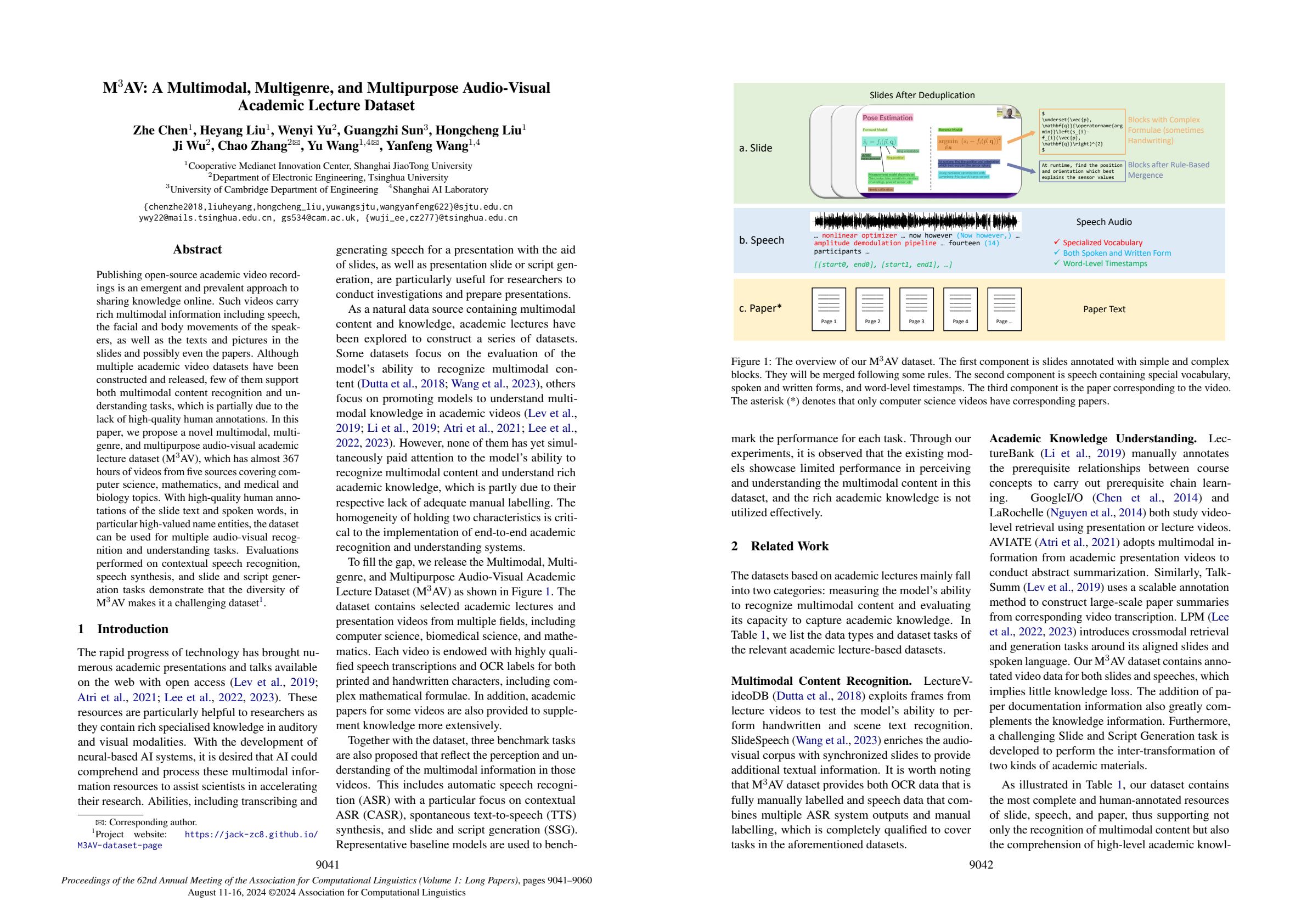 M3AV: A Multimodal, Multigenre, and Multipurpose Audio-Visual Academic Lecture Dataset
