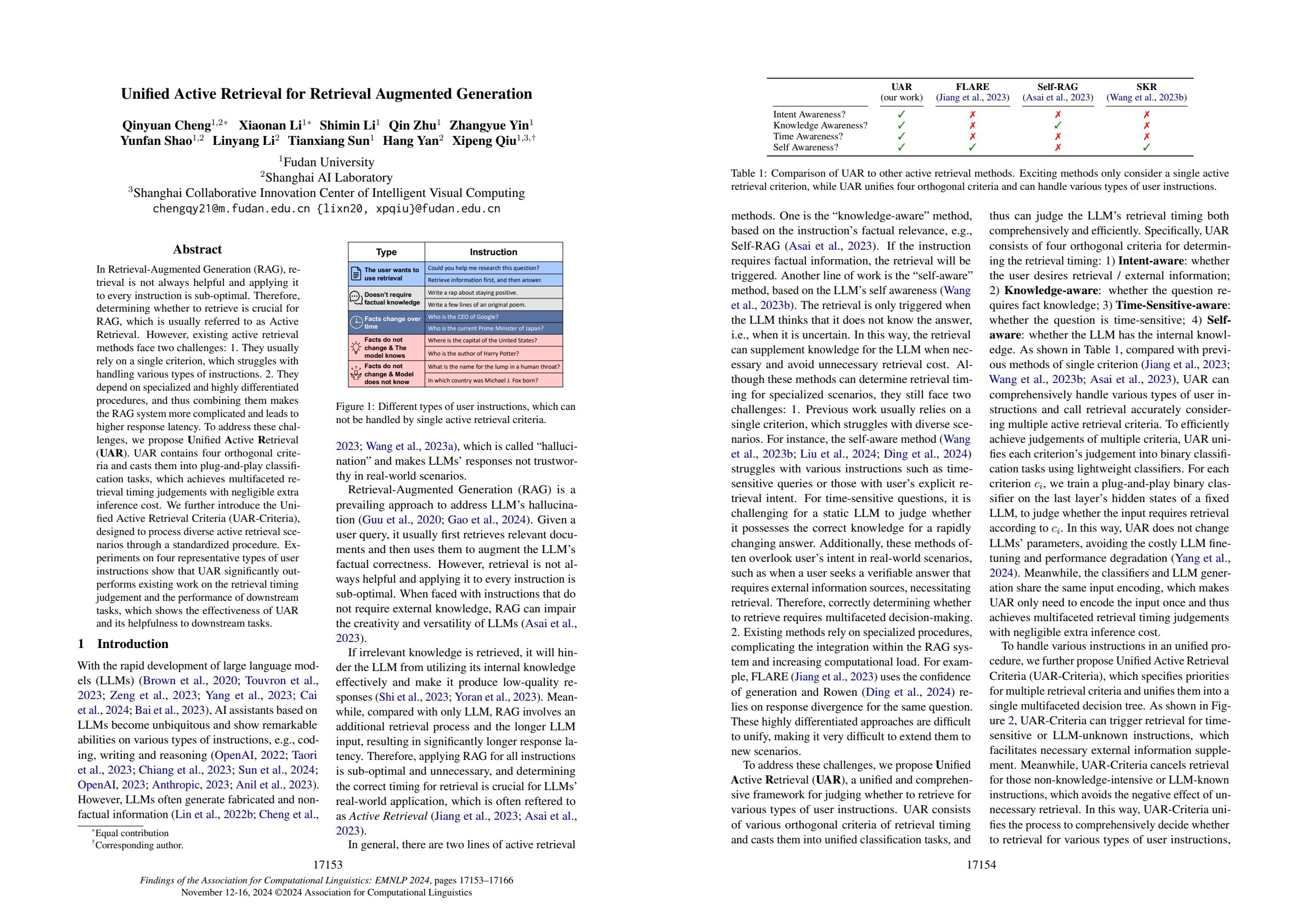 Unified Active Retrieval for Retrieval Augmented Generation