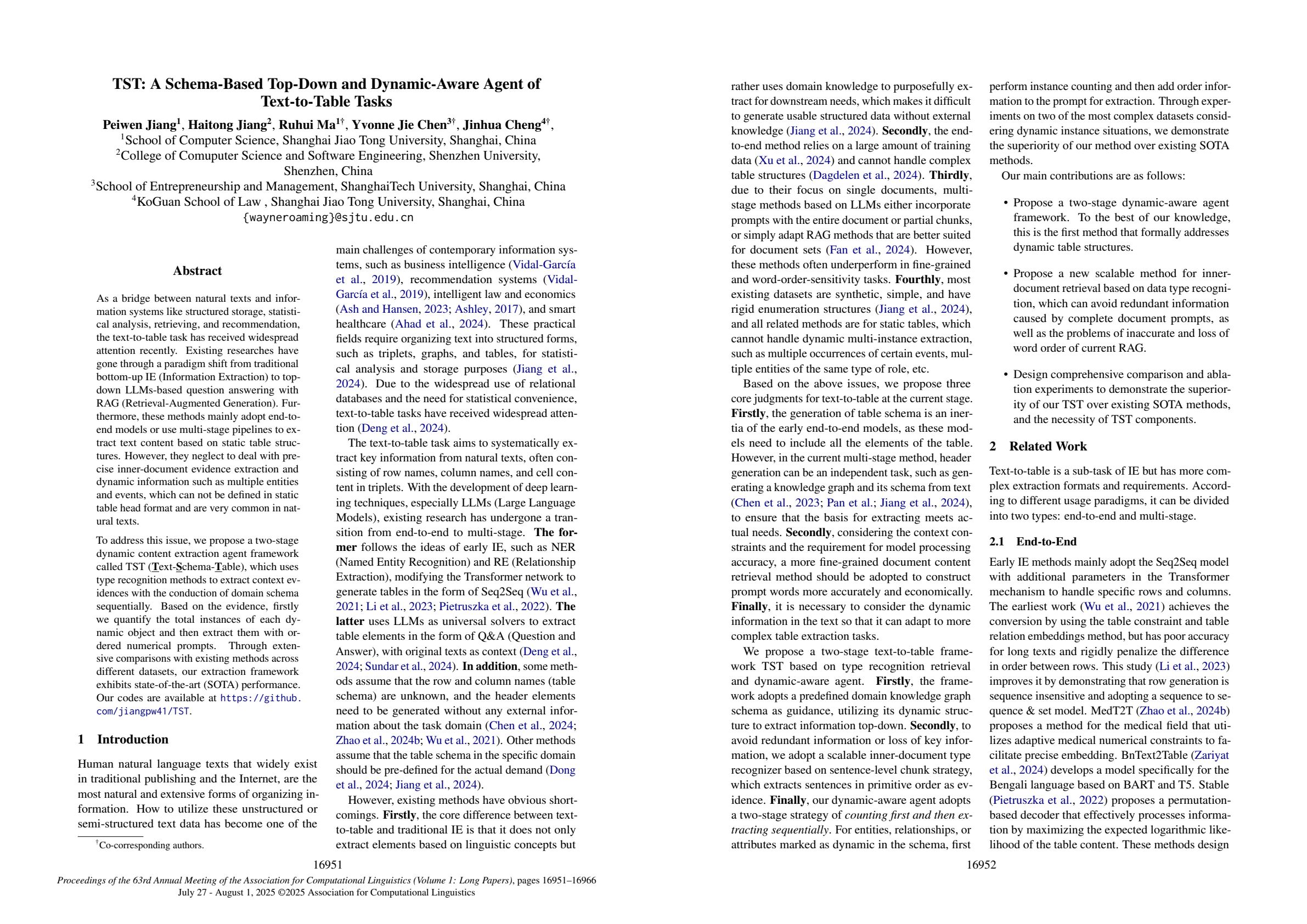 TST: A Schema-Based Top-Down and Dynamic-Aware Agent of Text-to-Table Tasks