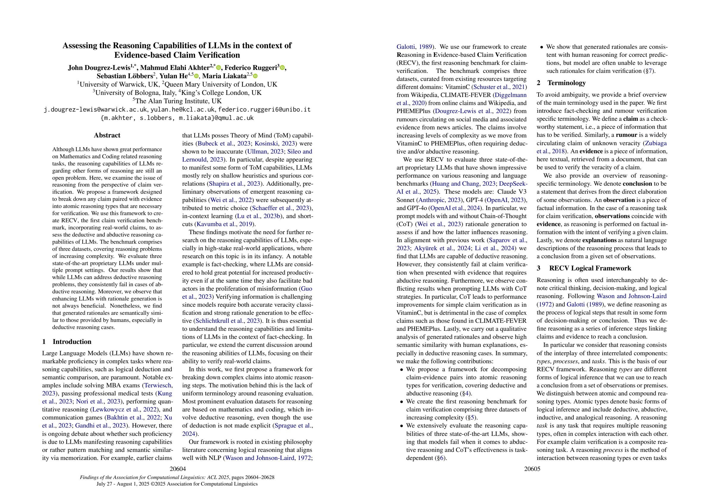 Assessing the Reasoning Capabilities of LLMs in the context of Evidence-based Claim Verification