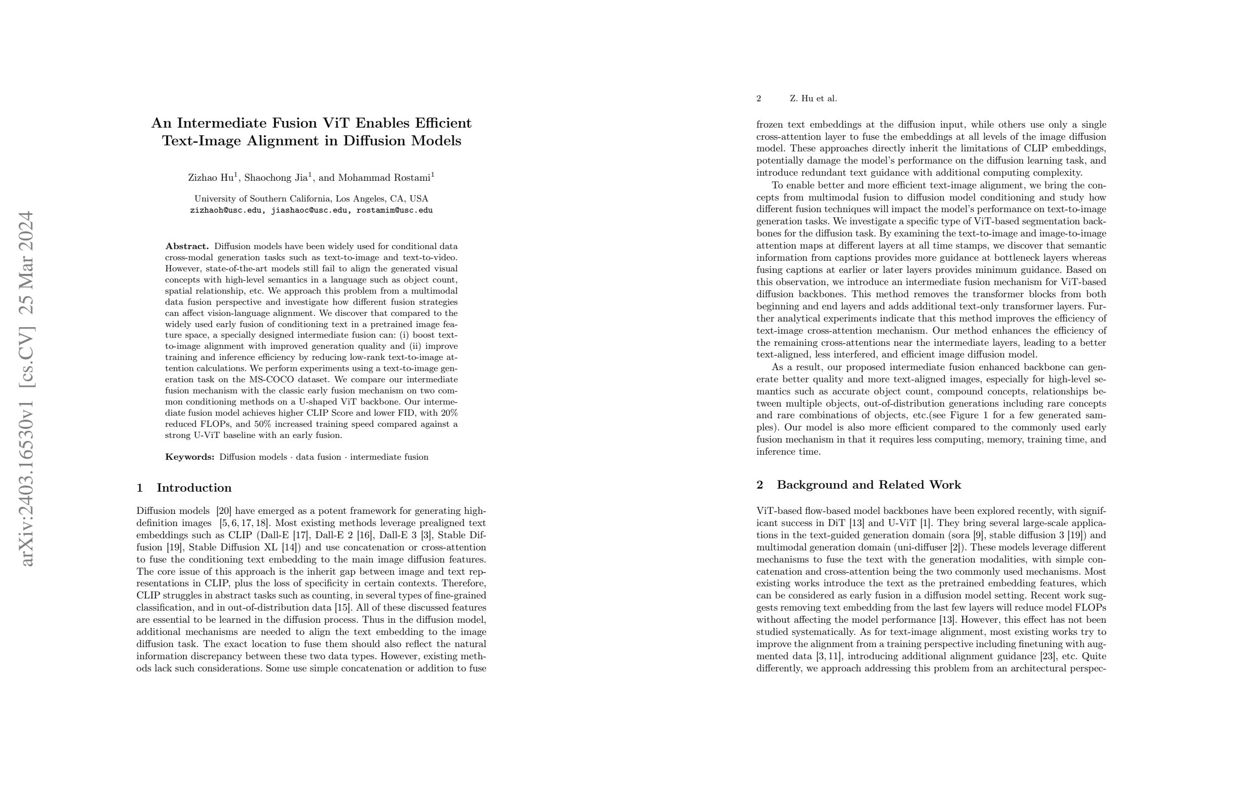 An Intermediate Fusion ViT Enables Efficient Text-Image Alignment in Diffusion Models