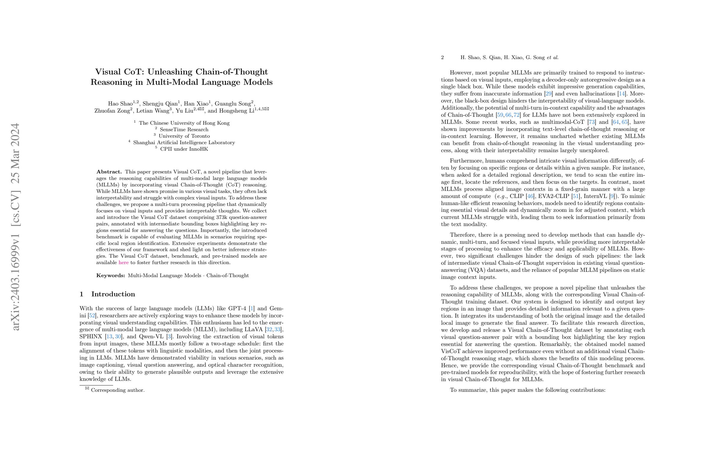 Visual CoT: Unleashing Chain-of-Thought Reasoning in Multi-Modal Language Models
