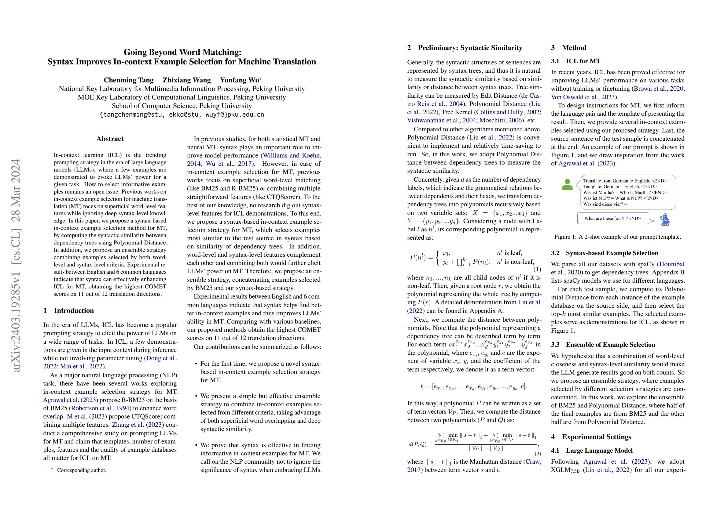 Going Beyond Word Matching: Syntax Improves In-context Example Selection for Machine Translation
