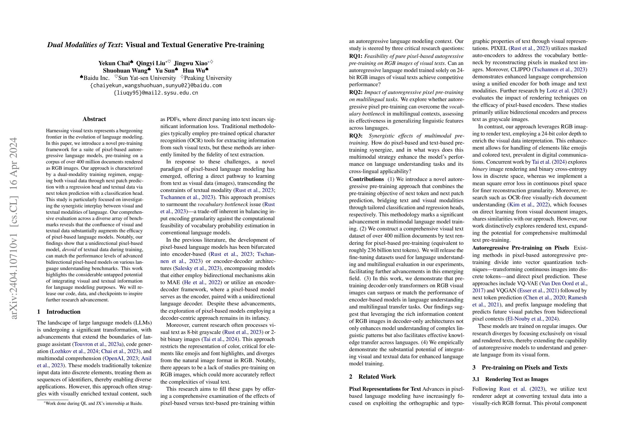 Dual Modalities of Text: Visual and Textual Generative Pre-training