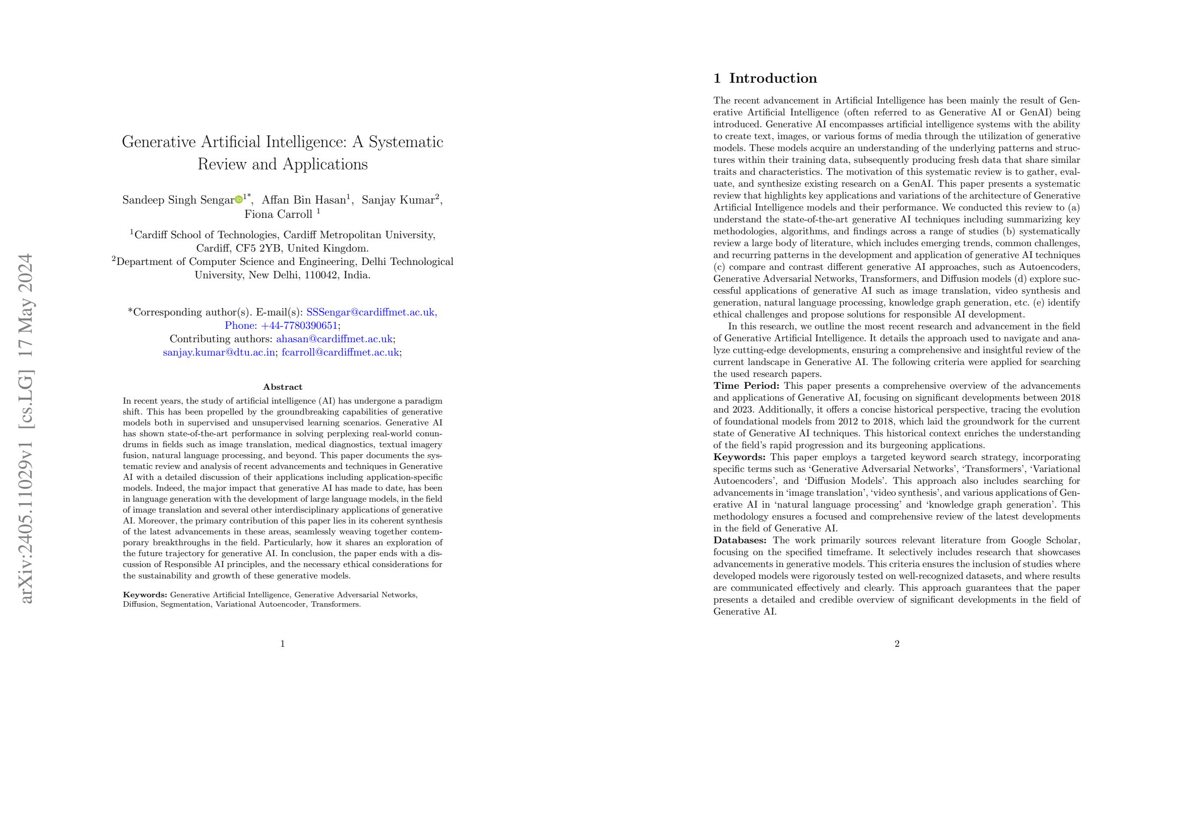 Generative Artificial Intelligence: A Systematic Review and Applications