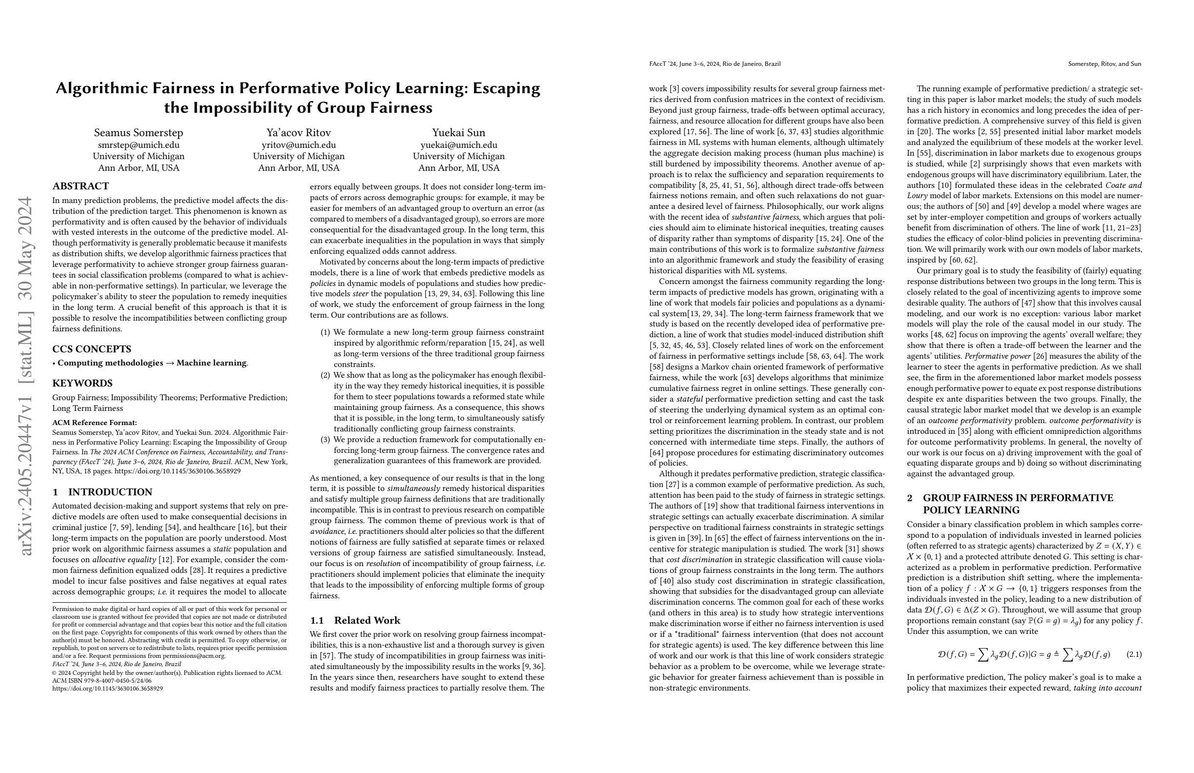 Algorithmic Fairness in Performative Policy Learning: Escaping the Impossibility of Group Fairness