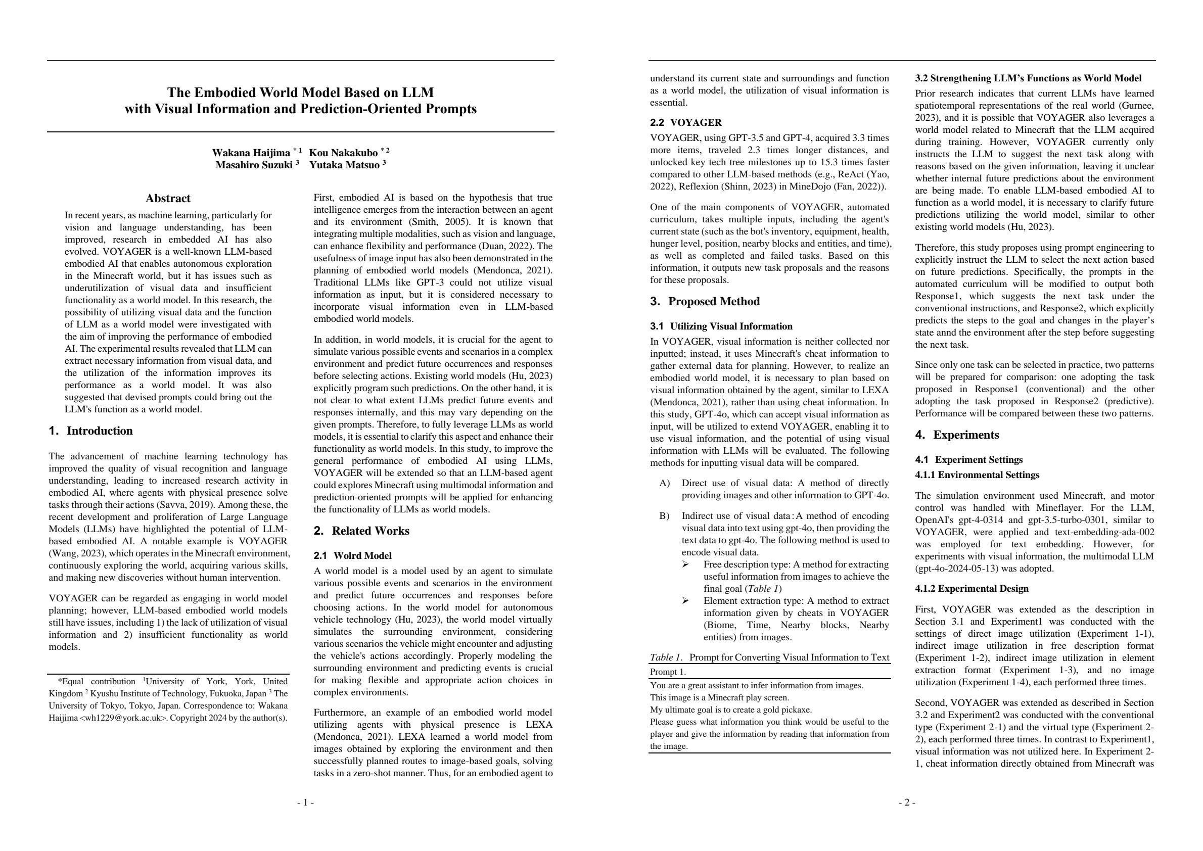 The Embodied World Model Based on LLM with Visual Information and Prediction-Oriented Prompts