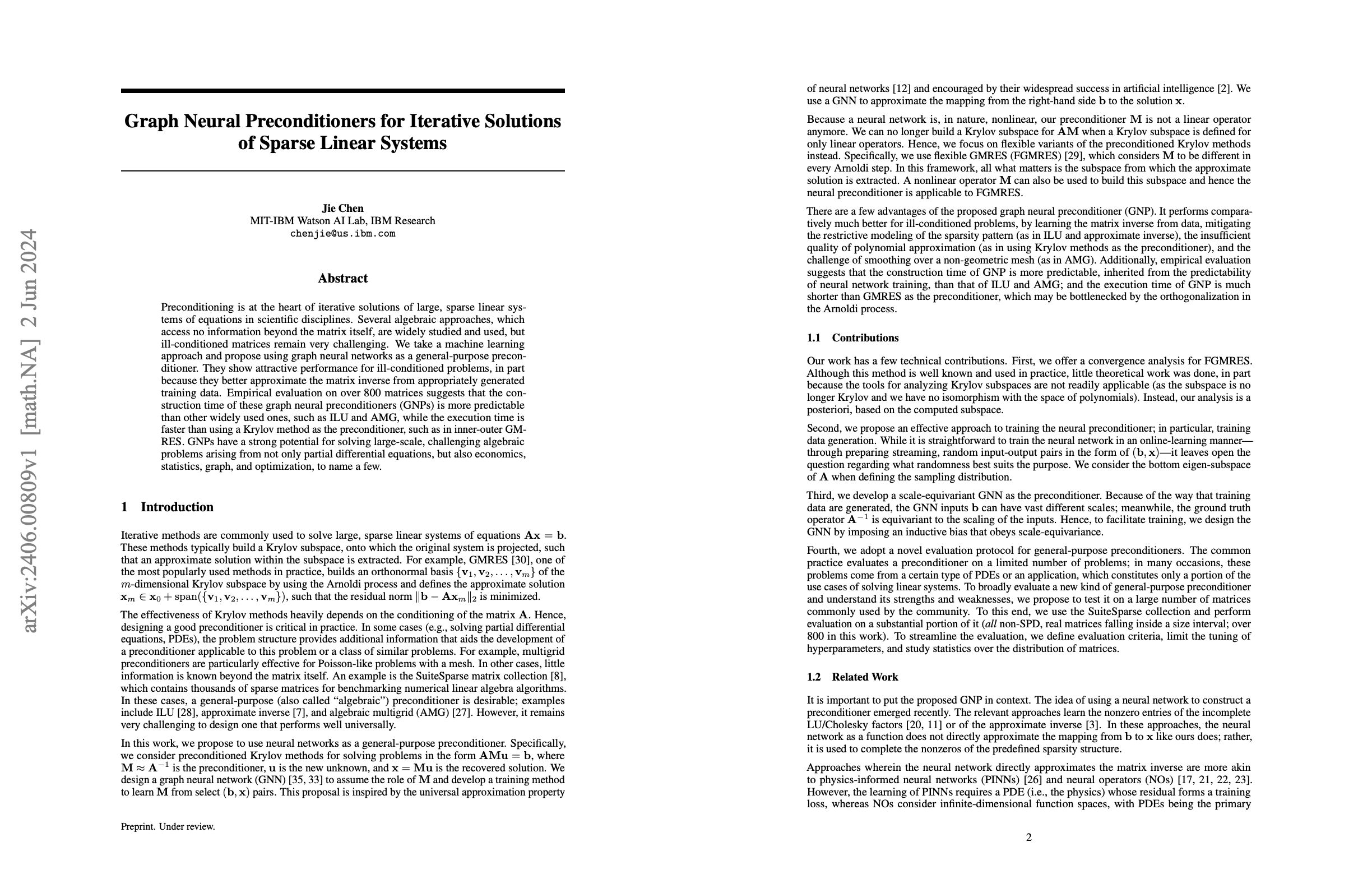 Graph Neural Preconditioners for Iterative Solutions of Sparse Linear Systems