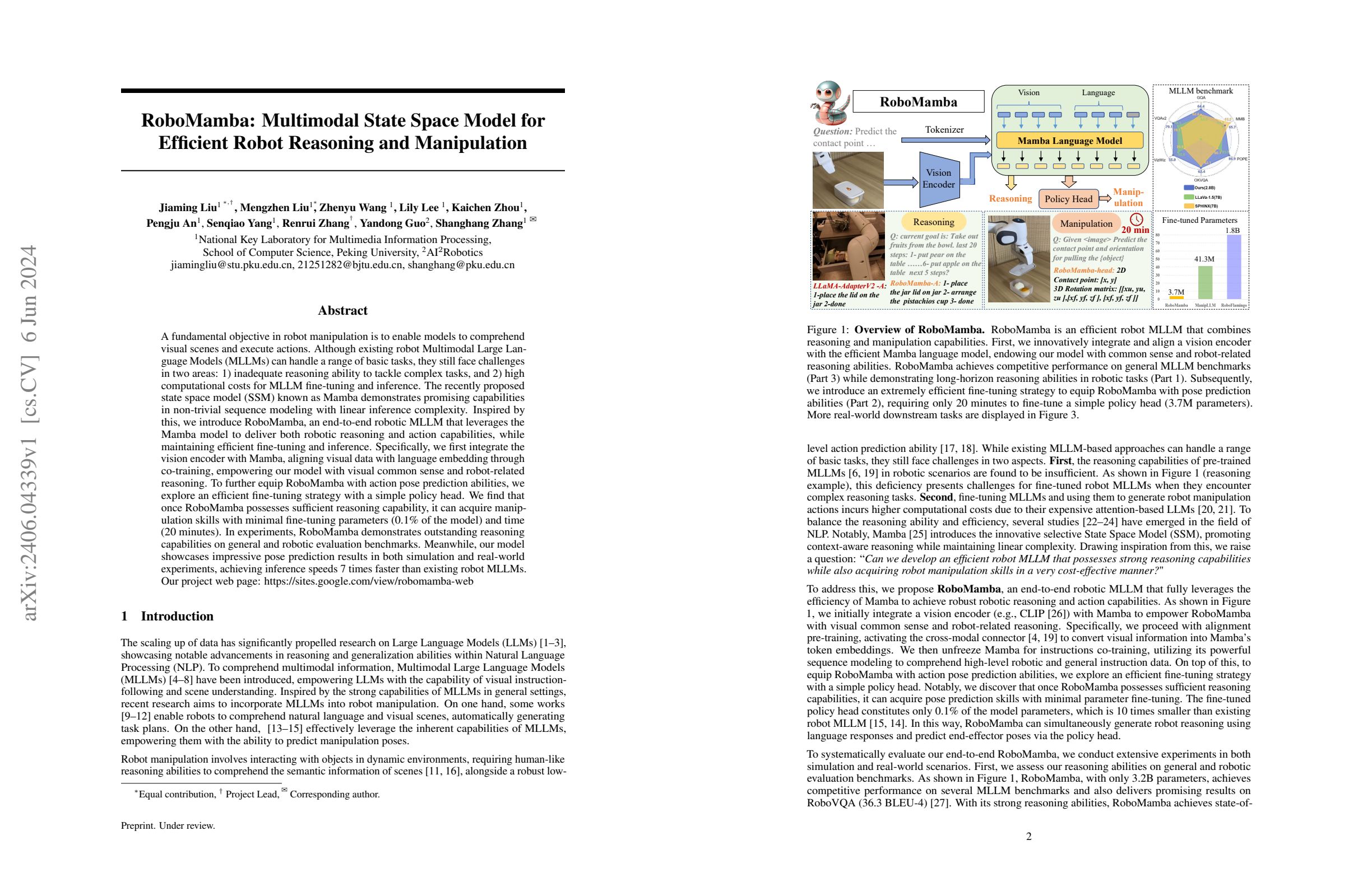 RoboMamba: Multimodal State Space Model for Efficient Robot Reasoning and Manipulation