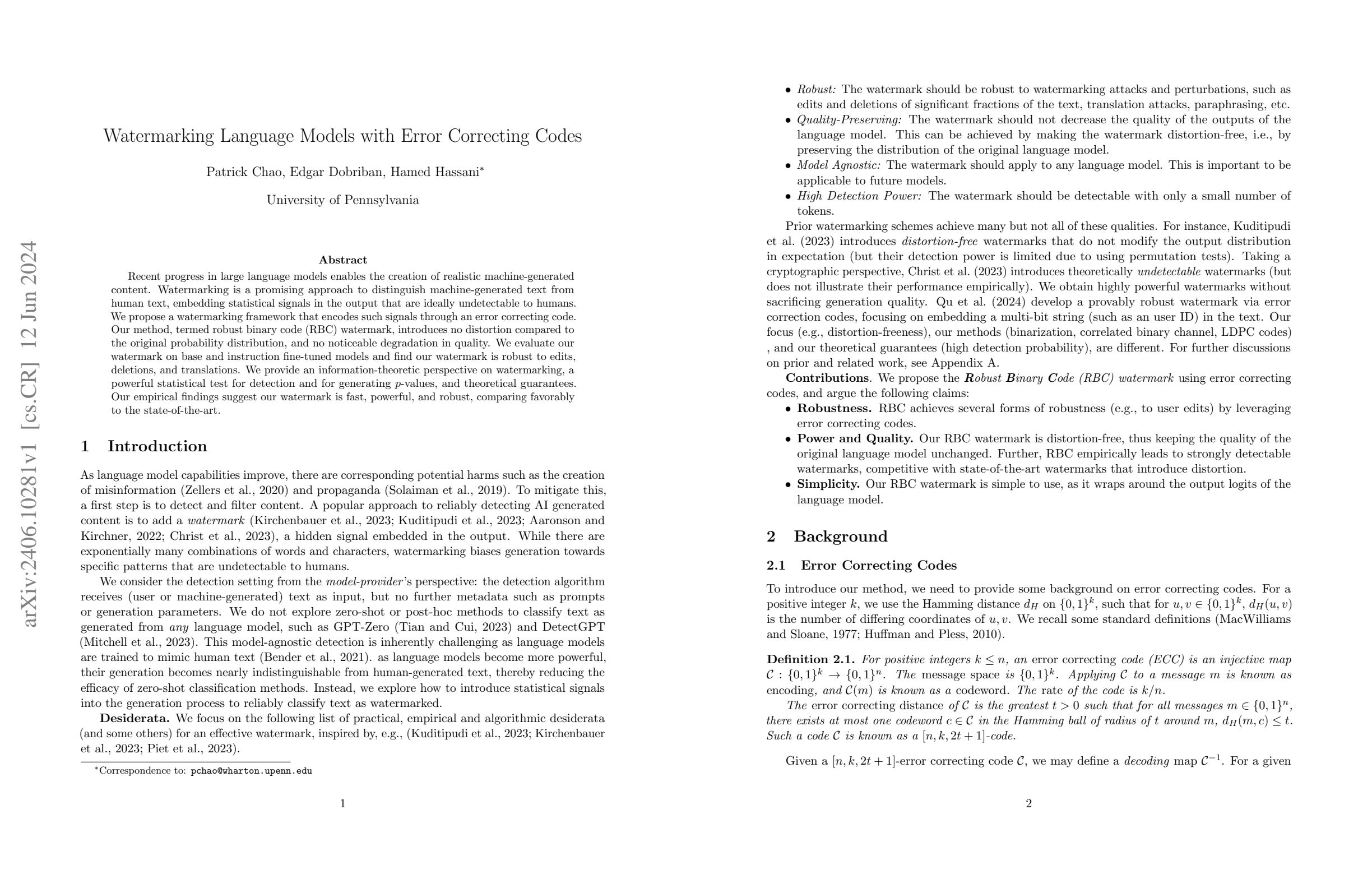 Watermarking Language Models with Error Correcting Codes