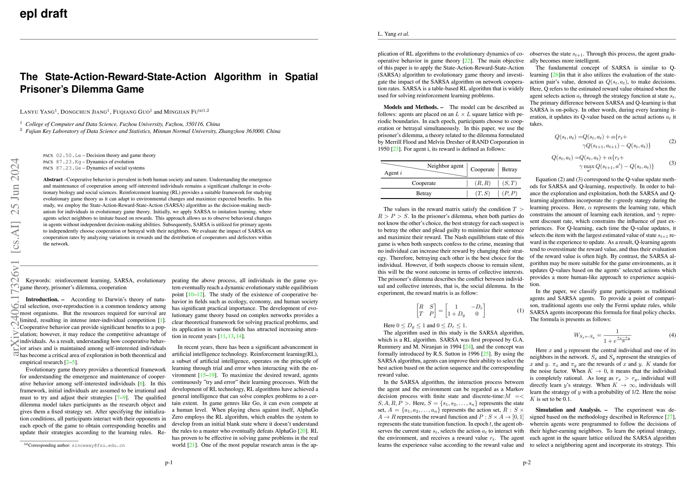 The State-Action-Reward-State-Action Algorithm in Spatial Prisoner's ...