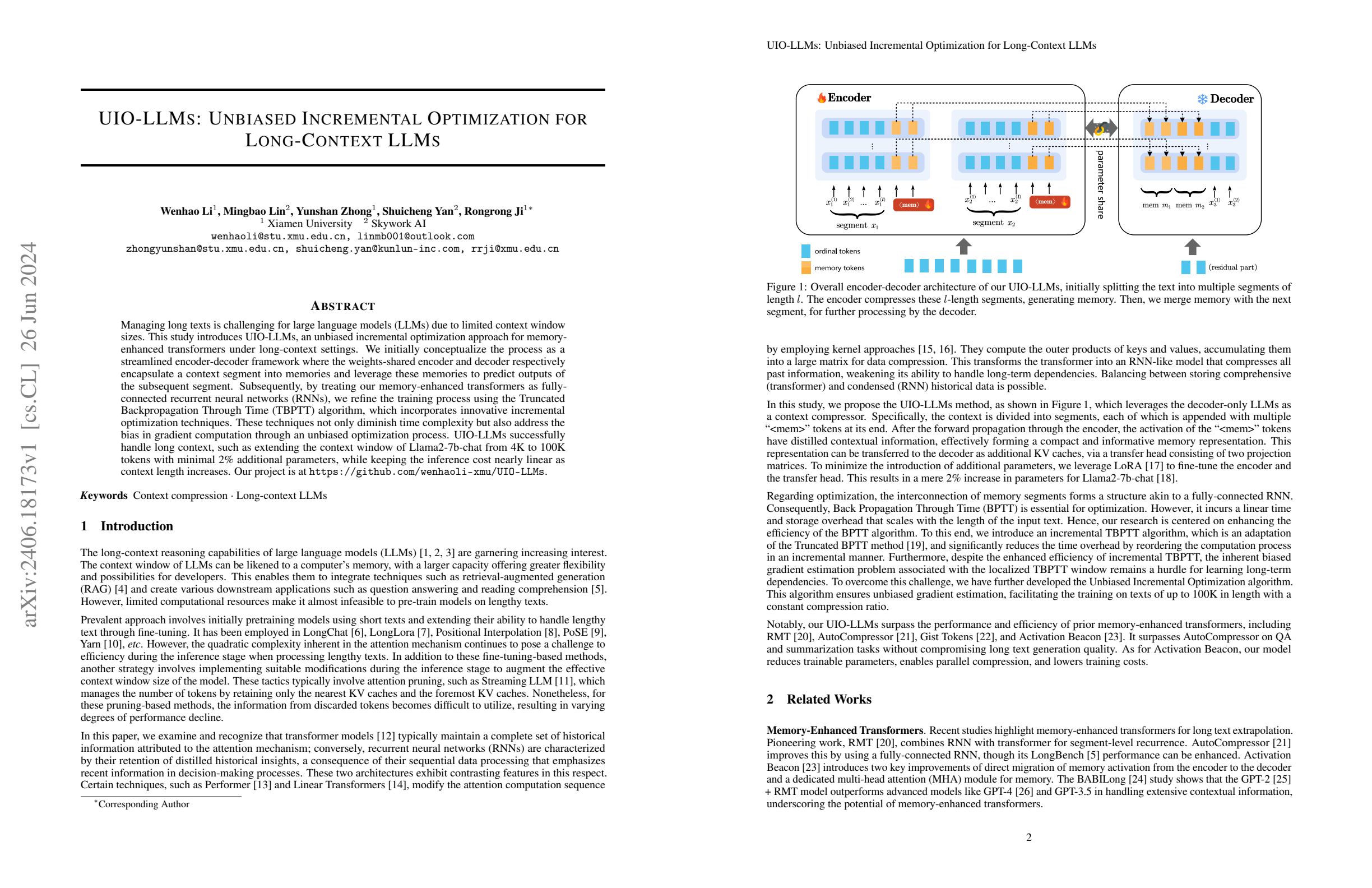 UIO-LLMs: Unbiased Incremental Optimization for Long-Context LLMs