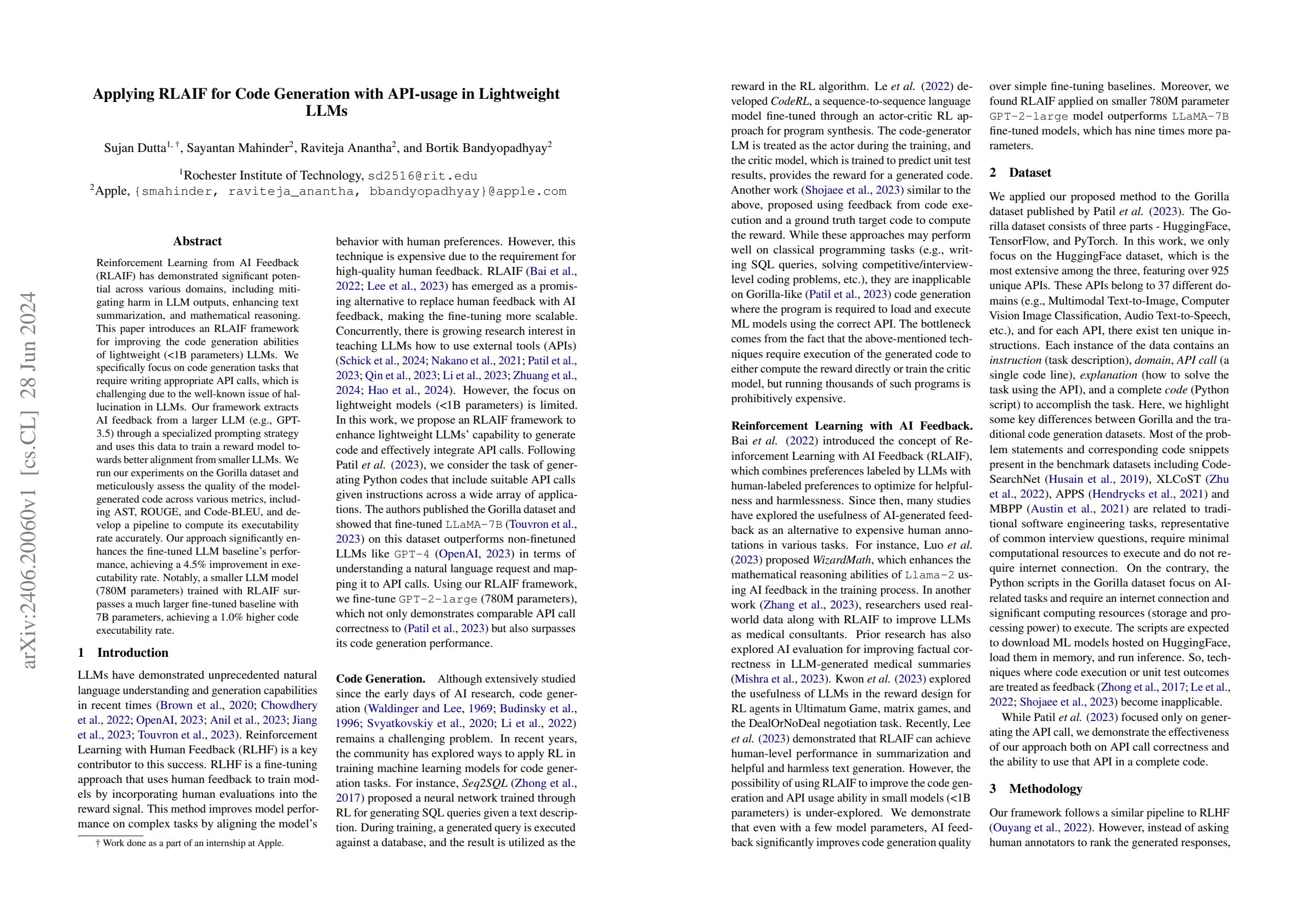 Applying RLAIF for Code Generation with API-usage in Lightweight LLMs