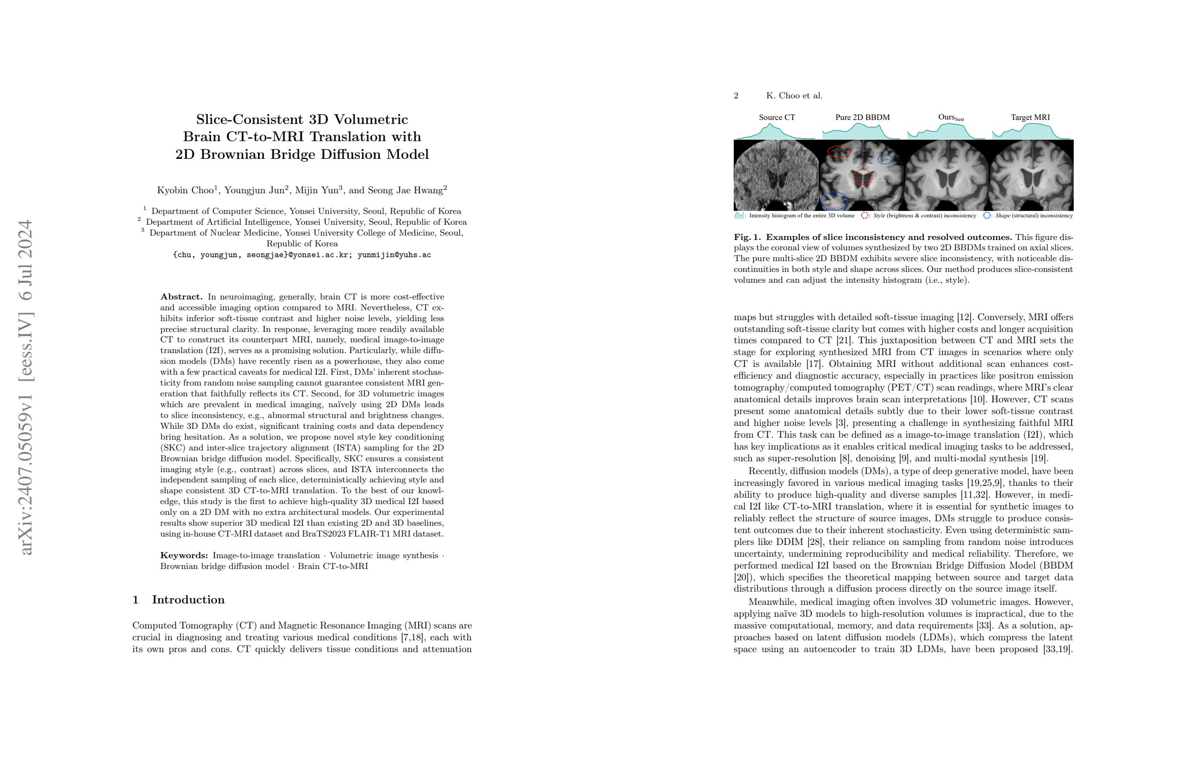 Slice-Consistent 3D Volumetric Brain CT-to-MRI Translation with 2D Brownian Bridge Diffusion Model