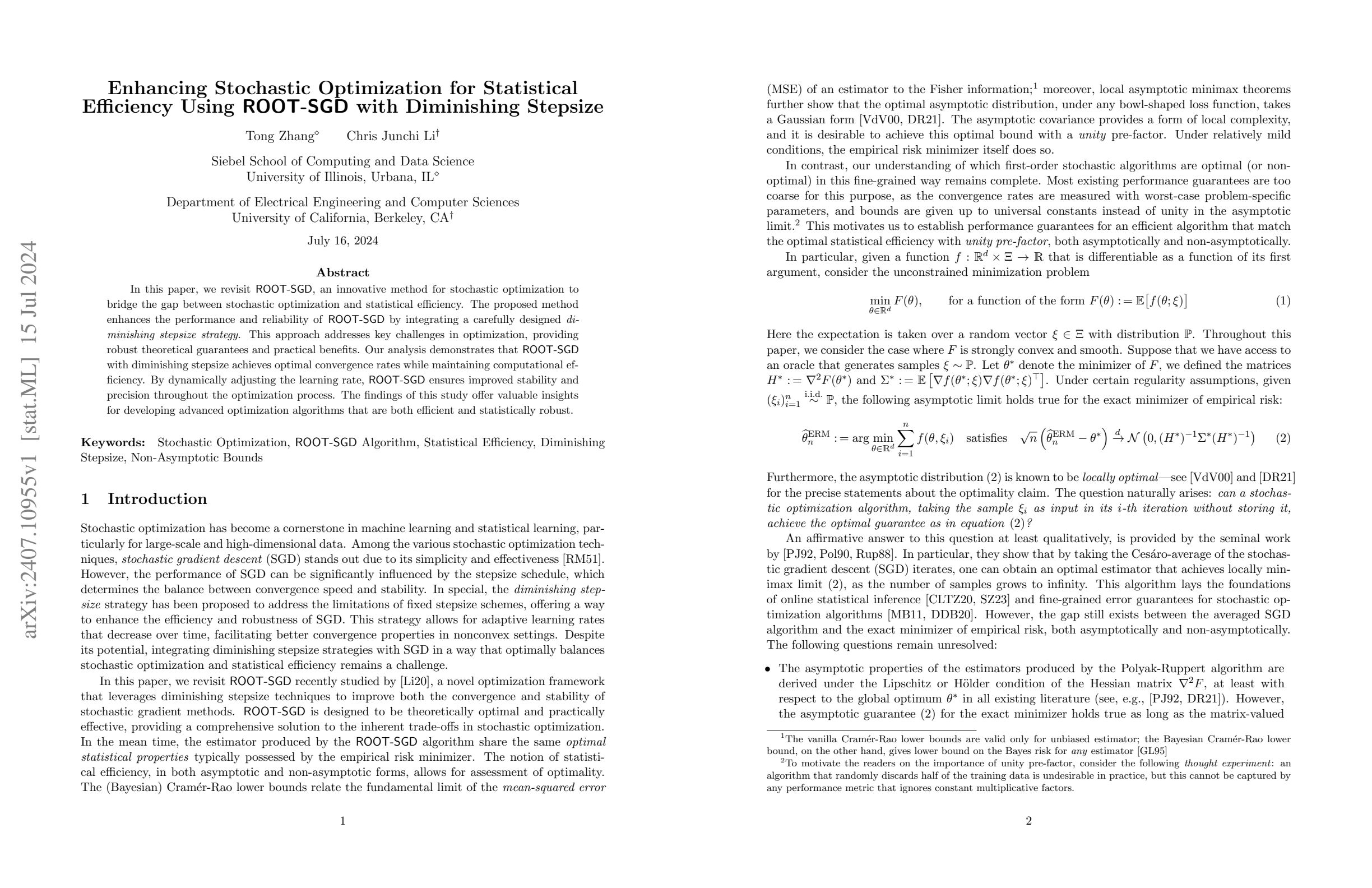 Enhancing Stochastic Optimization for Statistical Efficiency Using ROOT-SGD with Diminishing ...