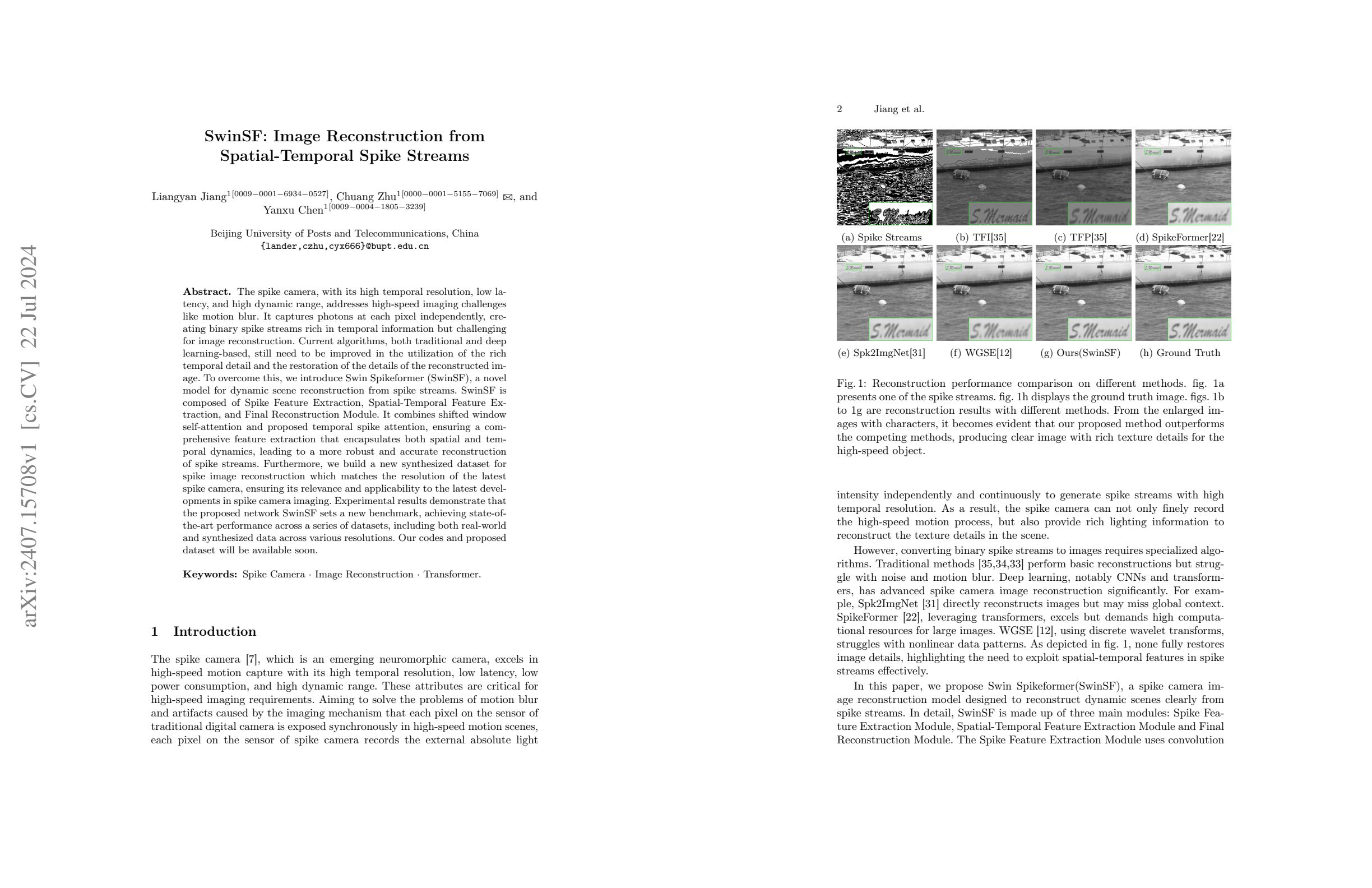 SwinSF: Image Reconstruction from Spatial-Temporal Spike Streams