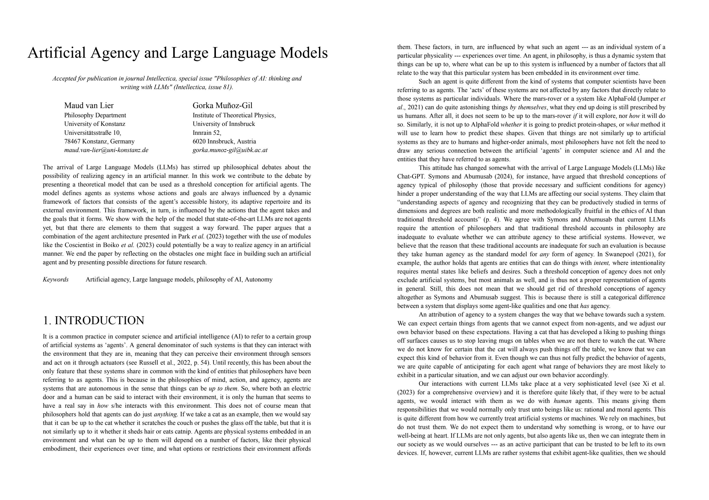 Artificial Agency and Large Language Models