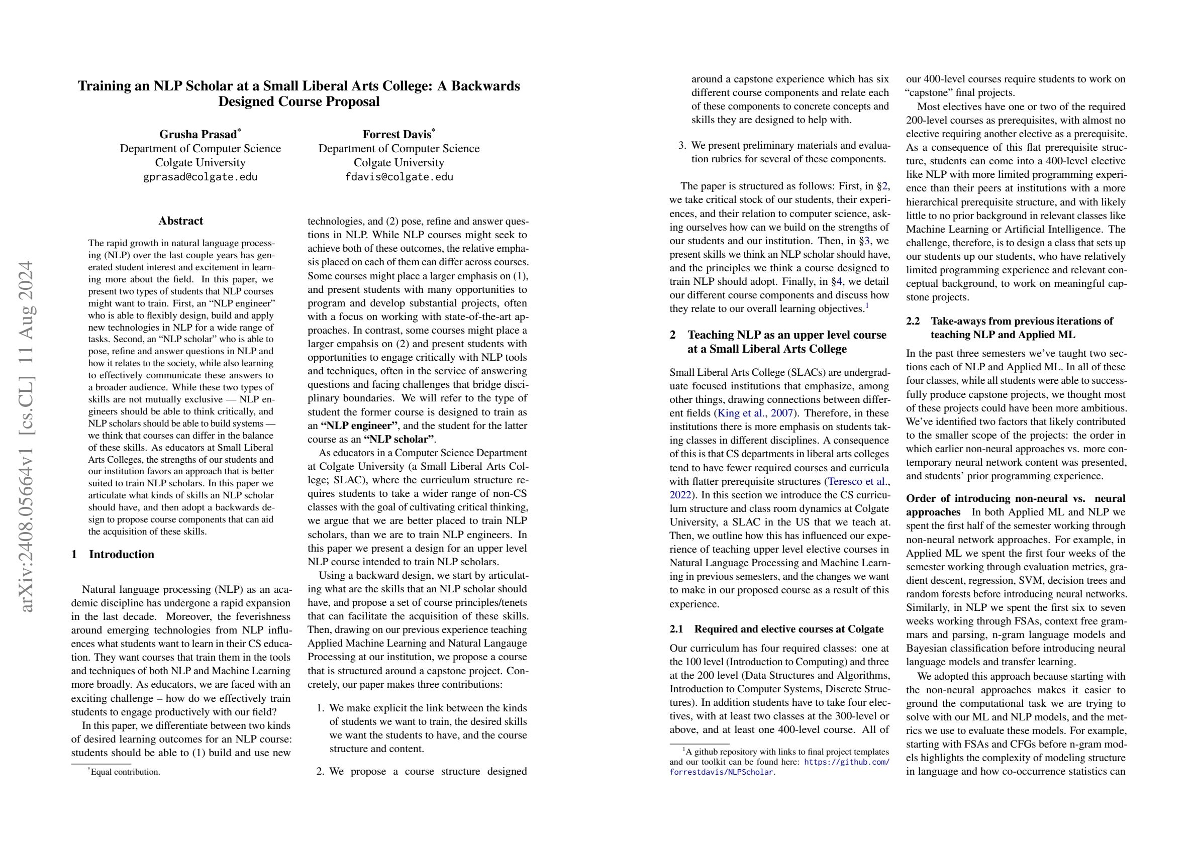 Training an NLP Scholar at a Small Liberal Arts College: A Backwards ...