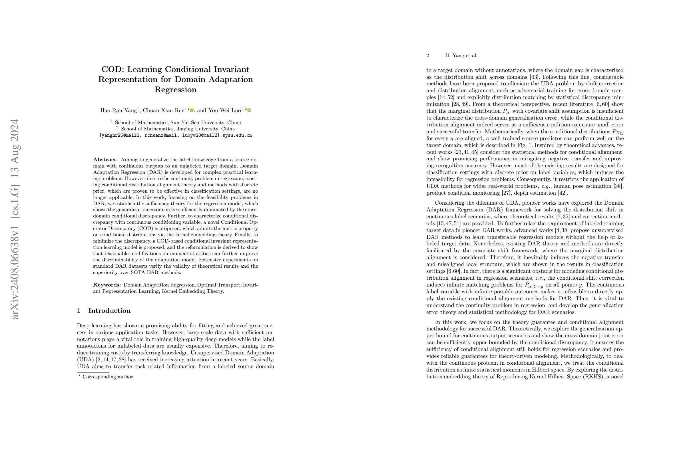 COD: Learning Conditional Invariant Representation for Domain Adaptation Regression