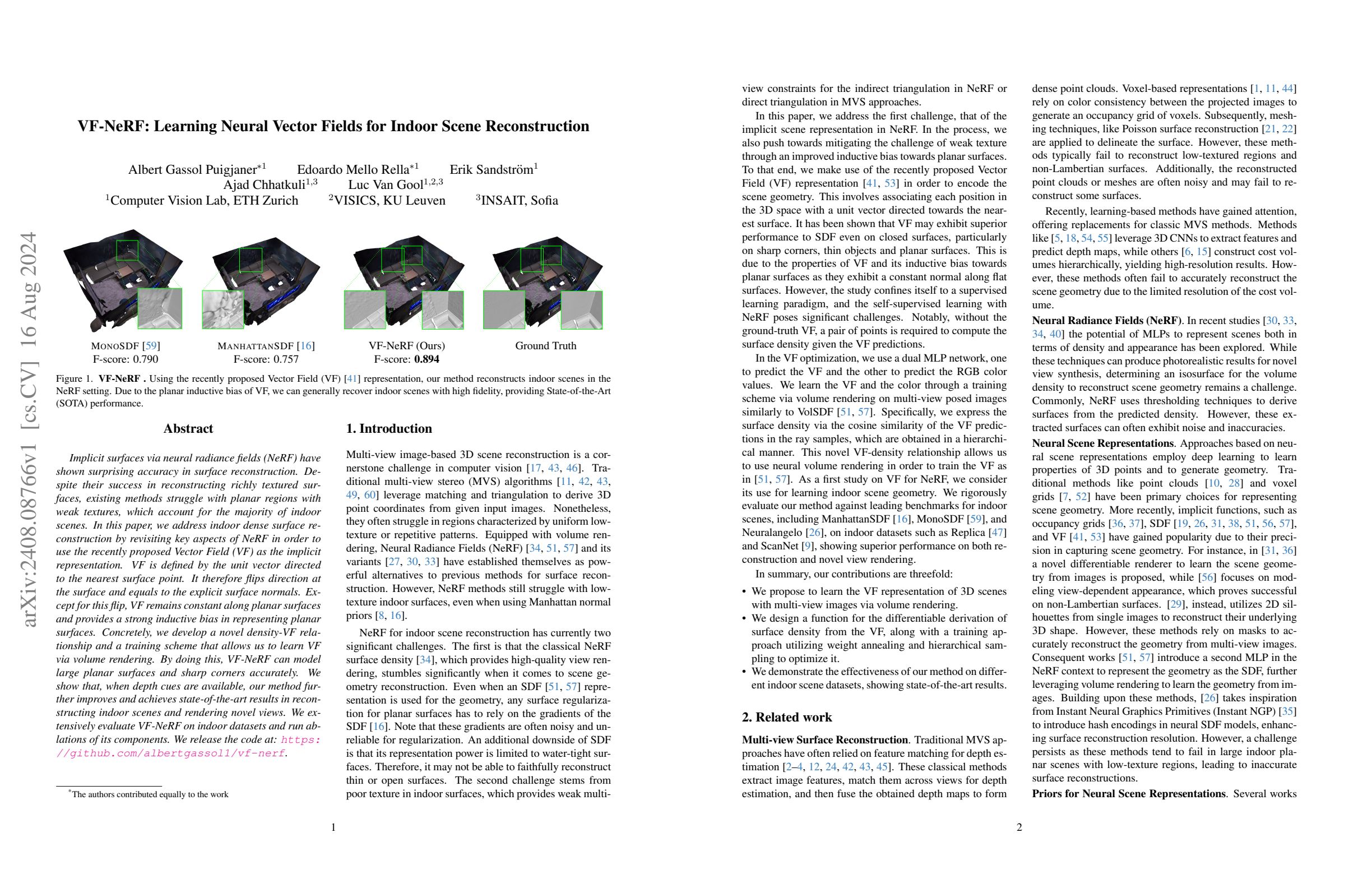 VF-NeRF: Learning Neural Vector Fields for Indoor Scene Reconstruction