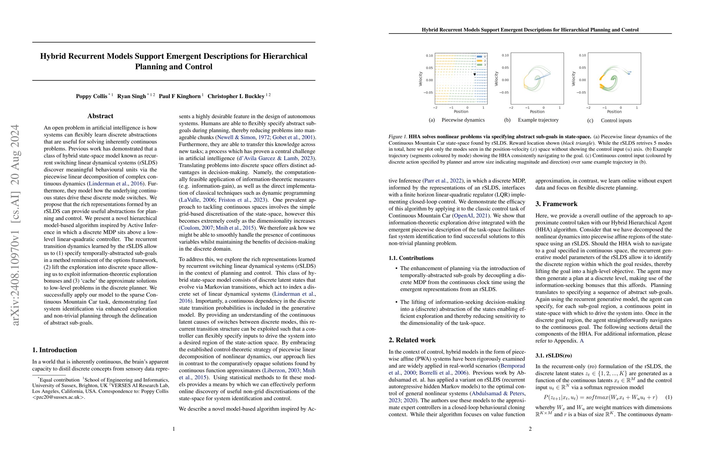 Hybrid Recurrent Models Support Emergent Descriptions for Hierarchical Planning and Control