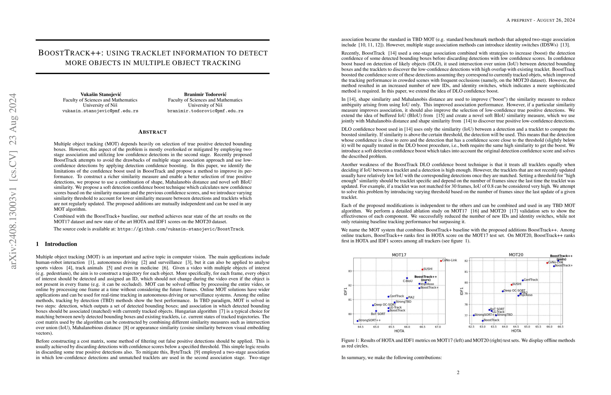 BoostTrack++: using tracklet information to detect more objects in multiple object tracking