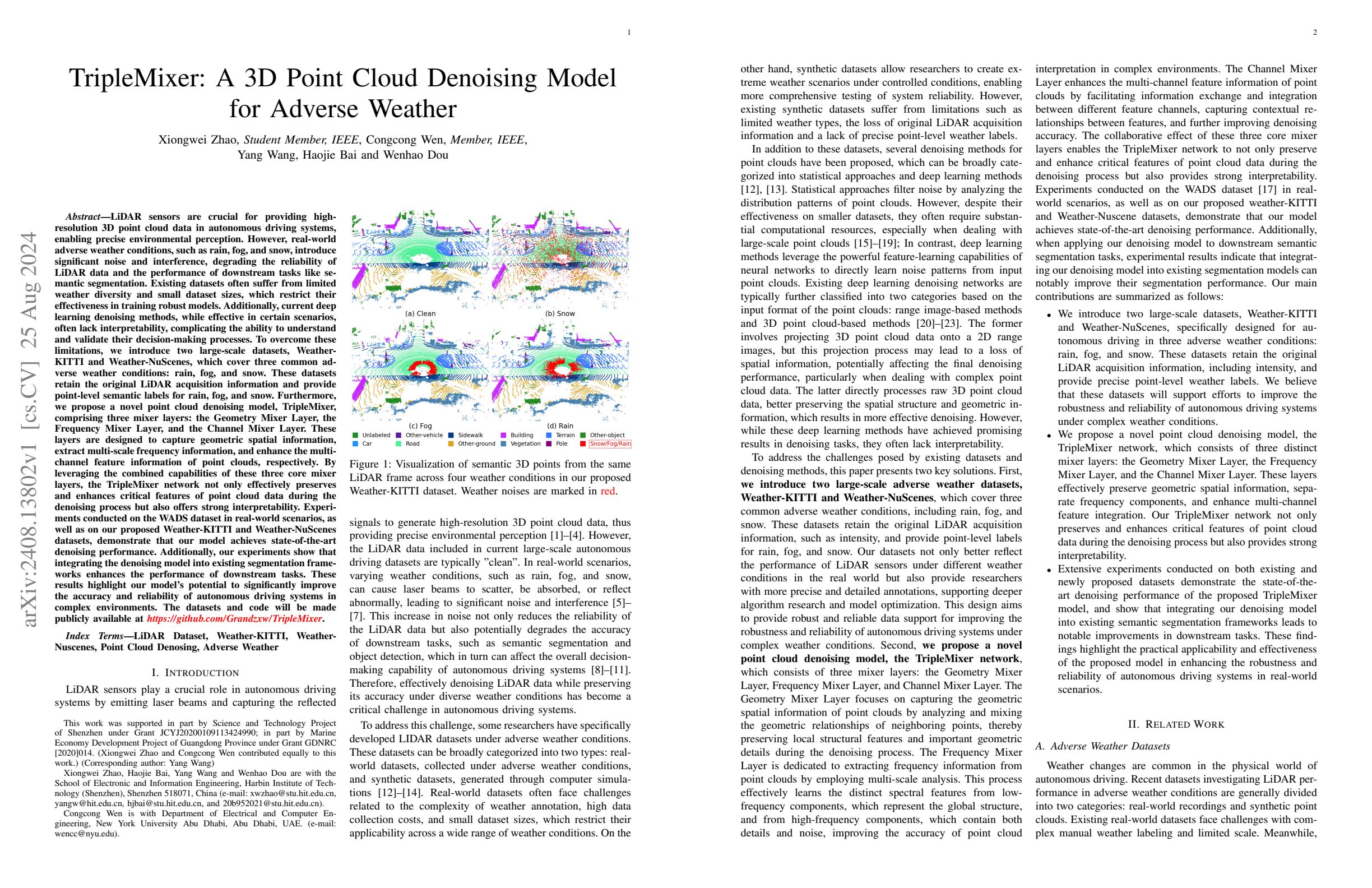 TripleMixer: A 3D Point Cloud Denoising Model for Adverse Weather