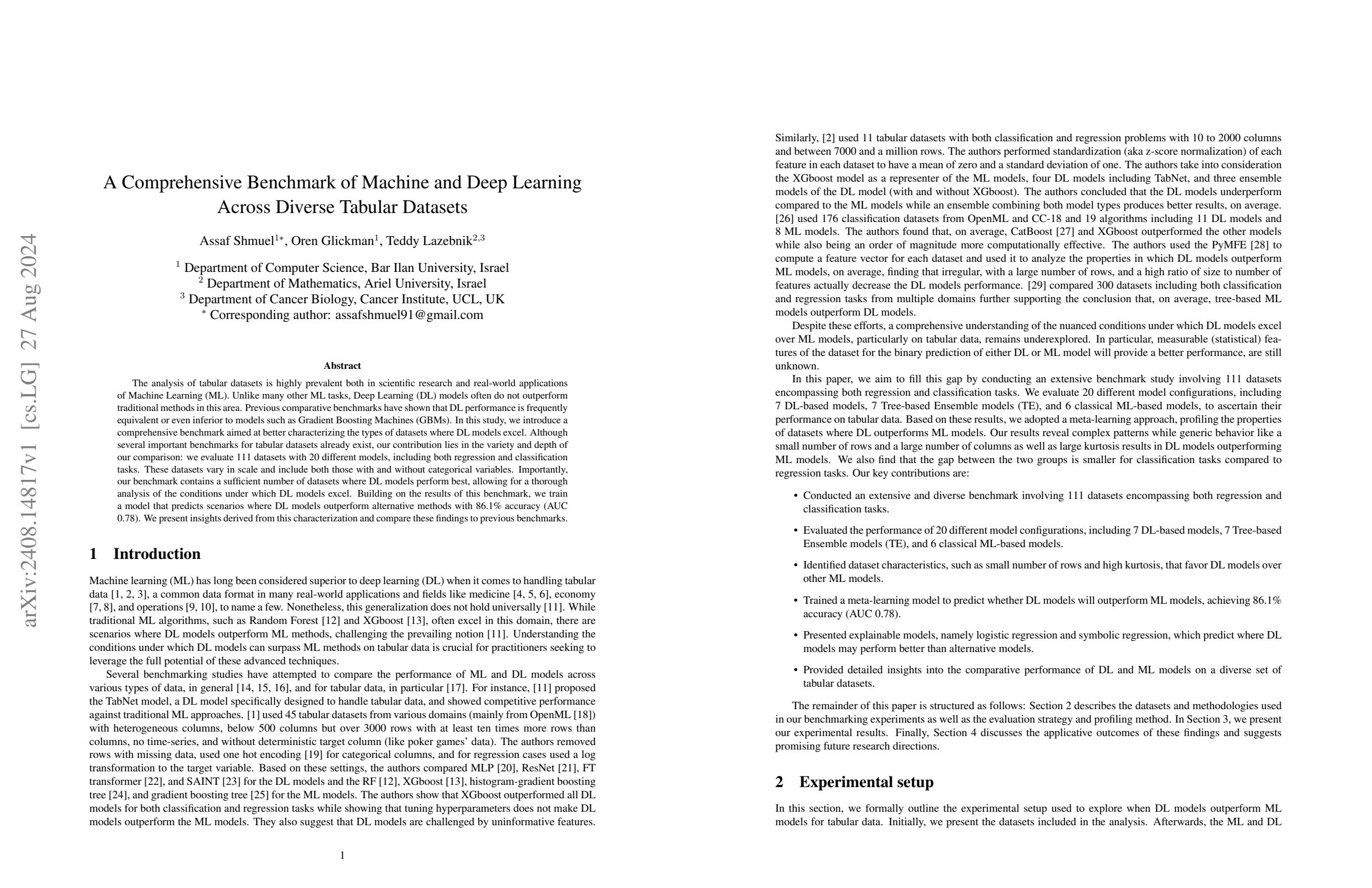 A Comprehensive Benchmark of Machine and Deep Learning Across Diverse Tabular Datasets