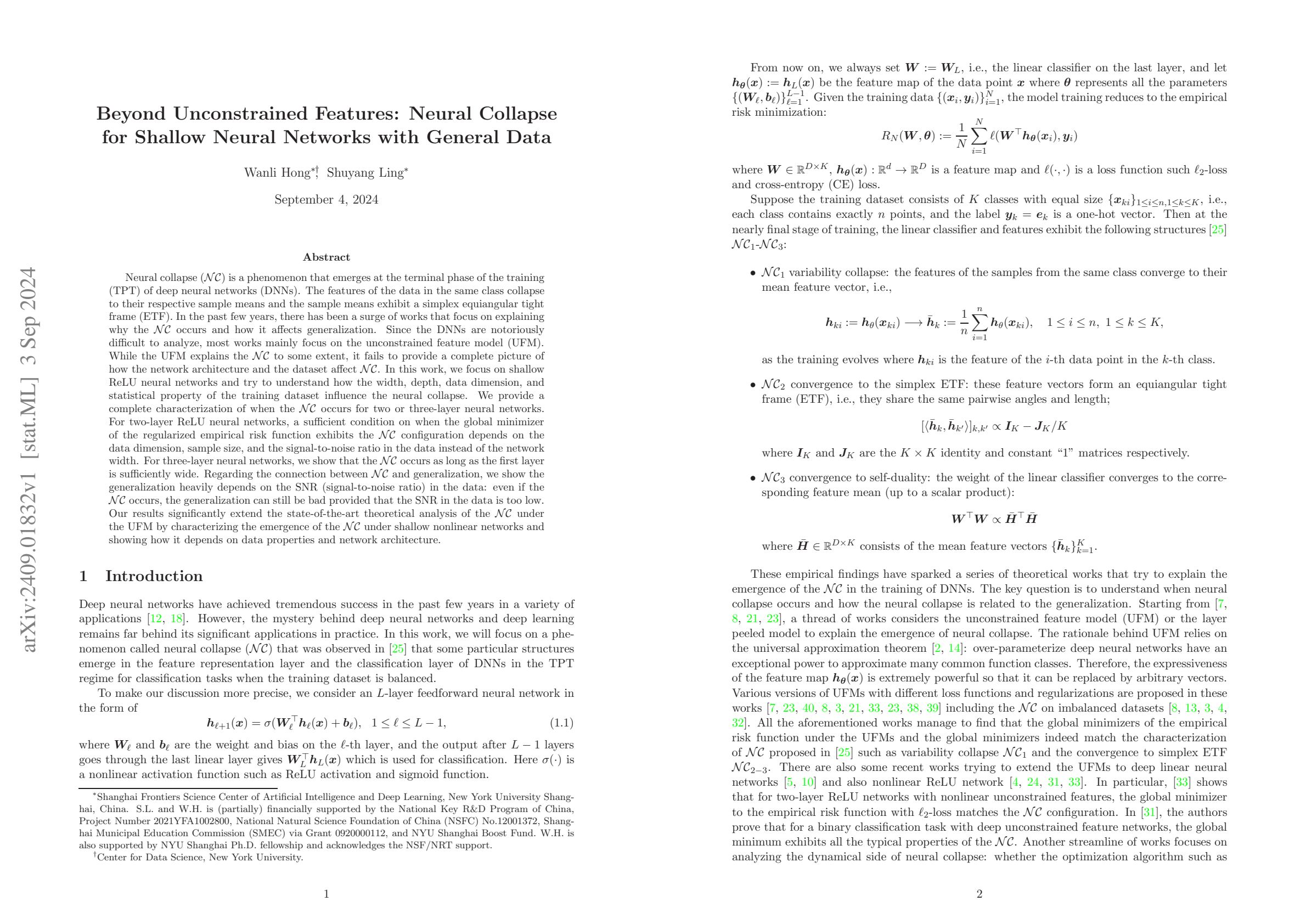 Beyond Unconstrained Features: Neural Collapse for Shallow Neural Networks with General Data