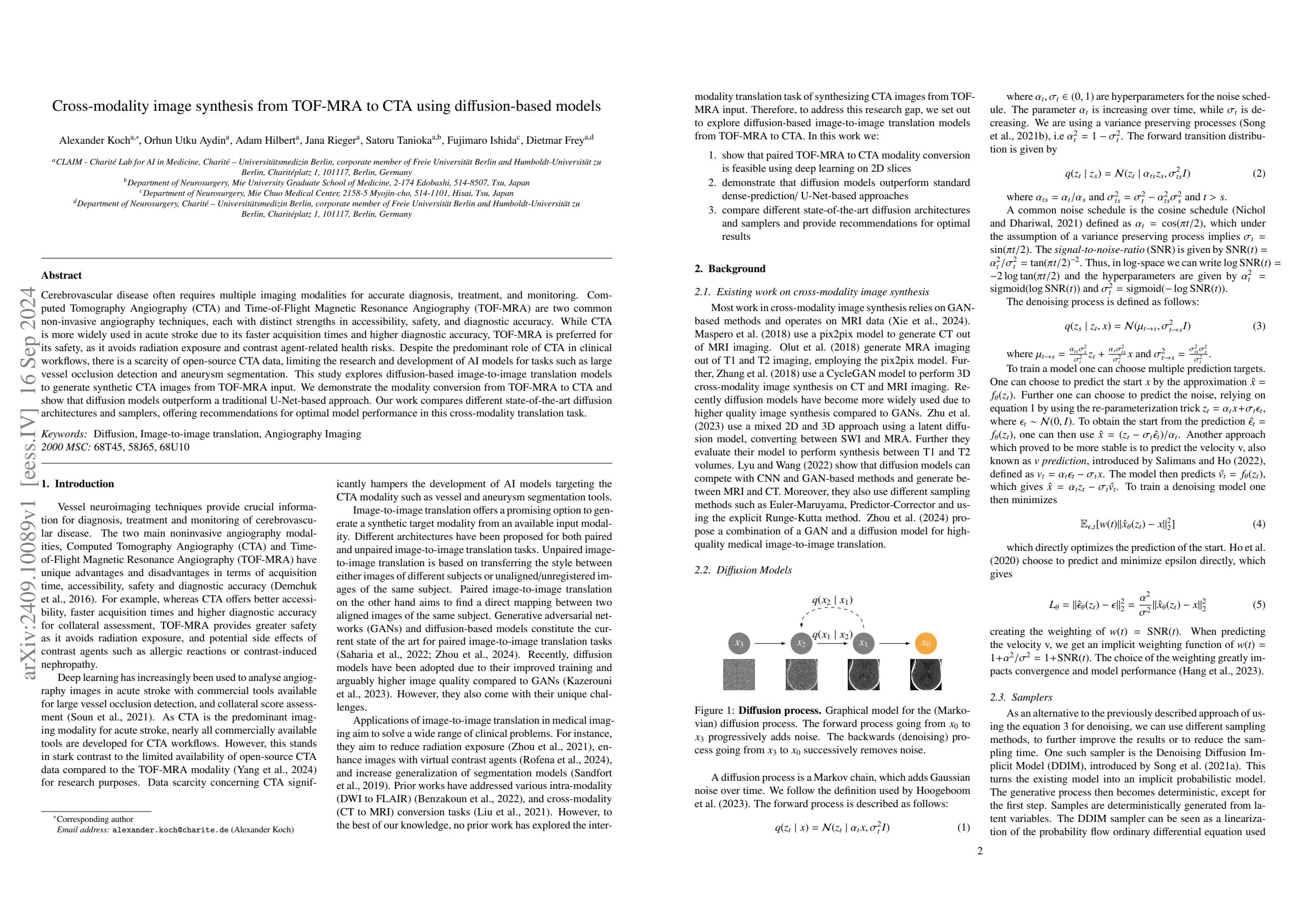 Cross-modality image synthesis from TOF-MRA to CTA using diffusion-based models