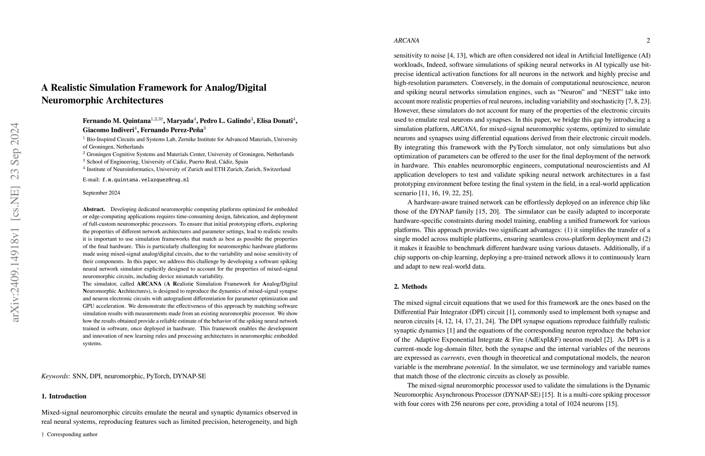 A Realistic Simulation Framework For Analog Digital Neuromorphic Architectures