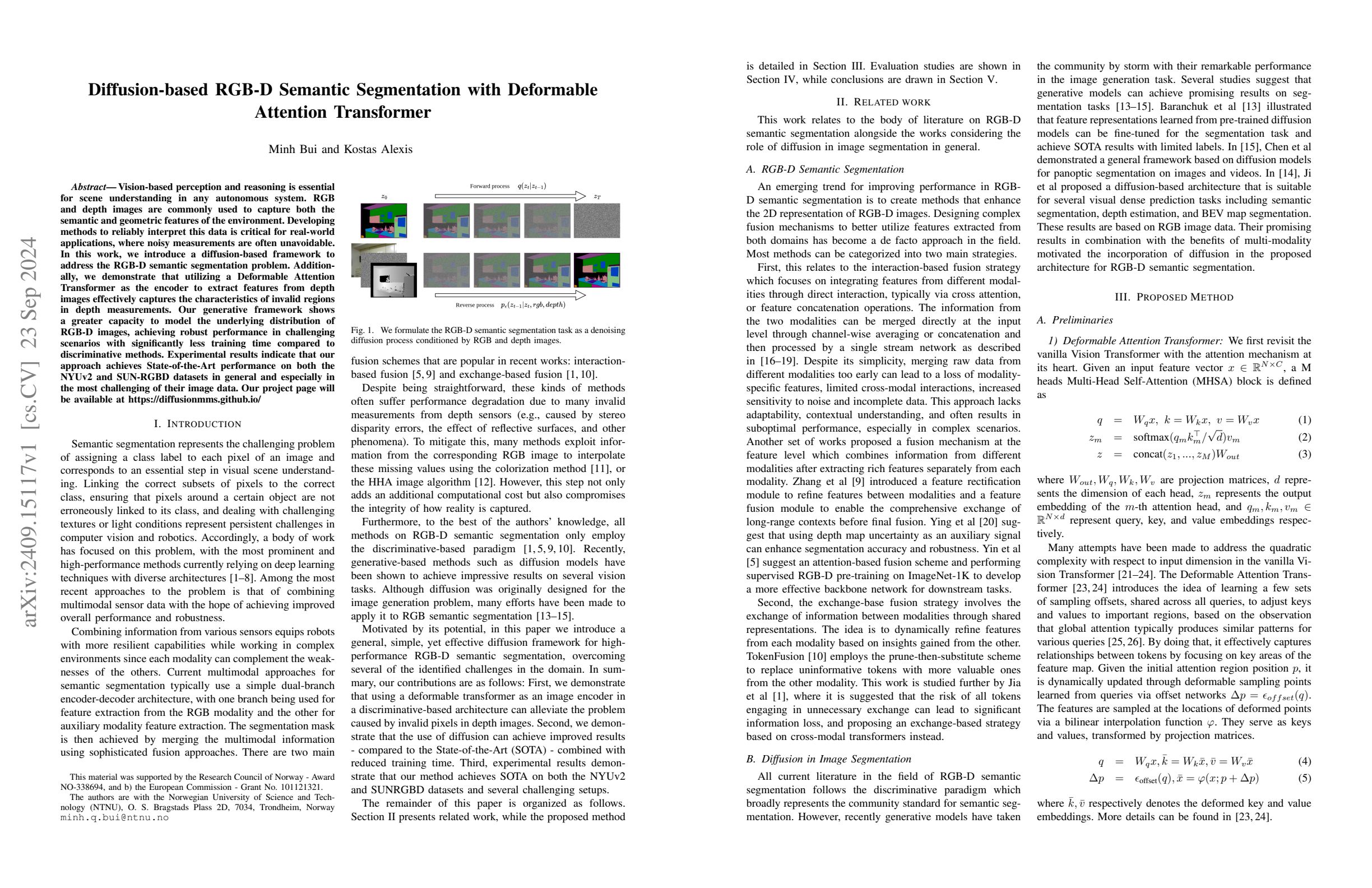 Diffusion-based RGB-D Semantic Segmentation with Deformable Attention Transformer