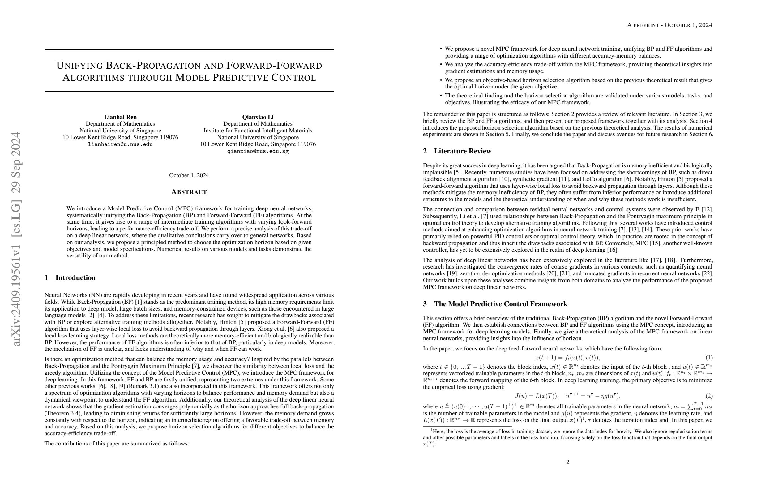 Unifying back-propagation and forward-forward algorithms through model predictive control