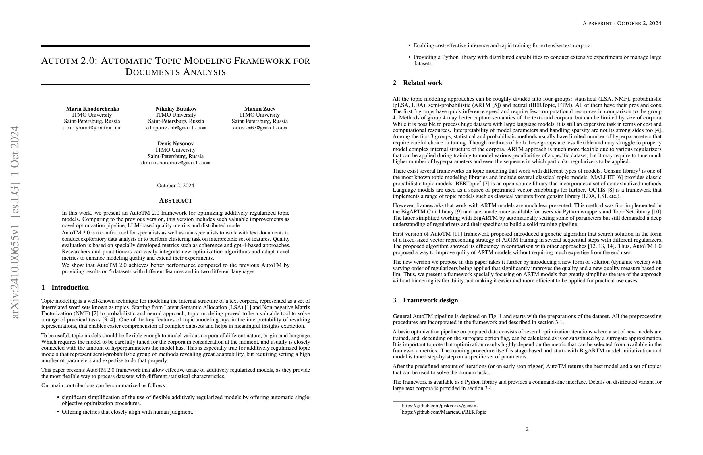AutoTM 2.0: Automatic Topic Modeling Framework for Documents Analysis