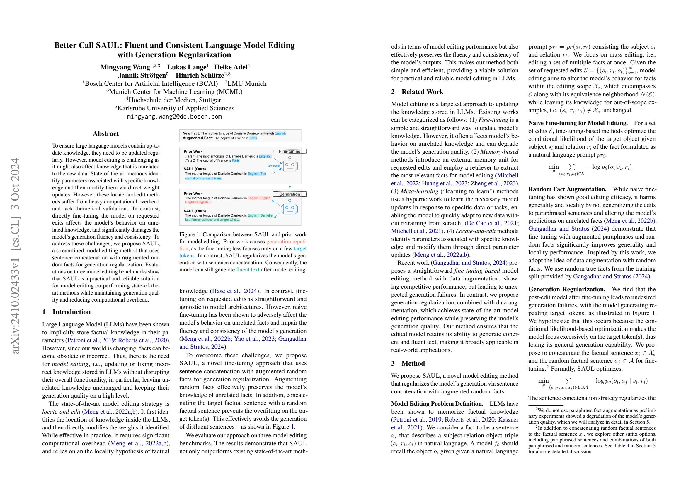 Better Call SAUL: Fluent and Consistent Language Model Editing with Generation Regularization