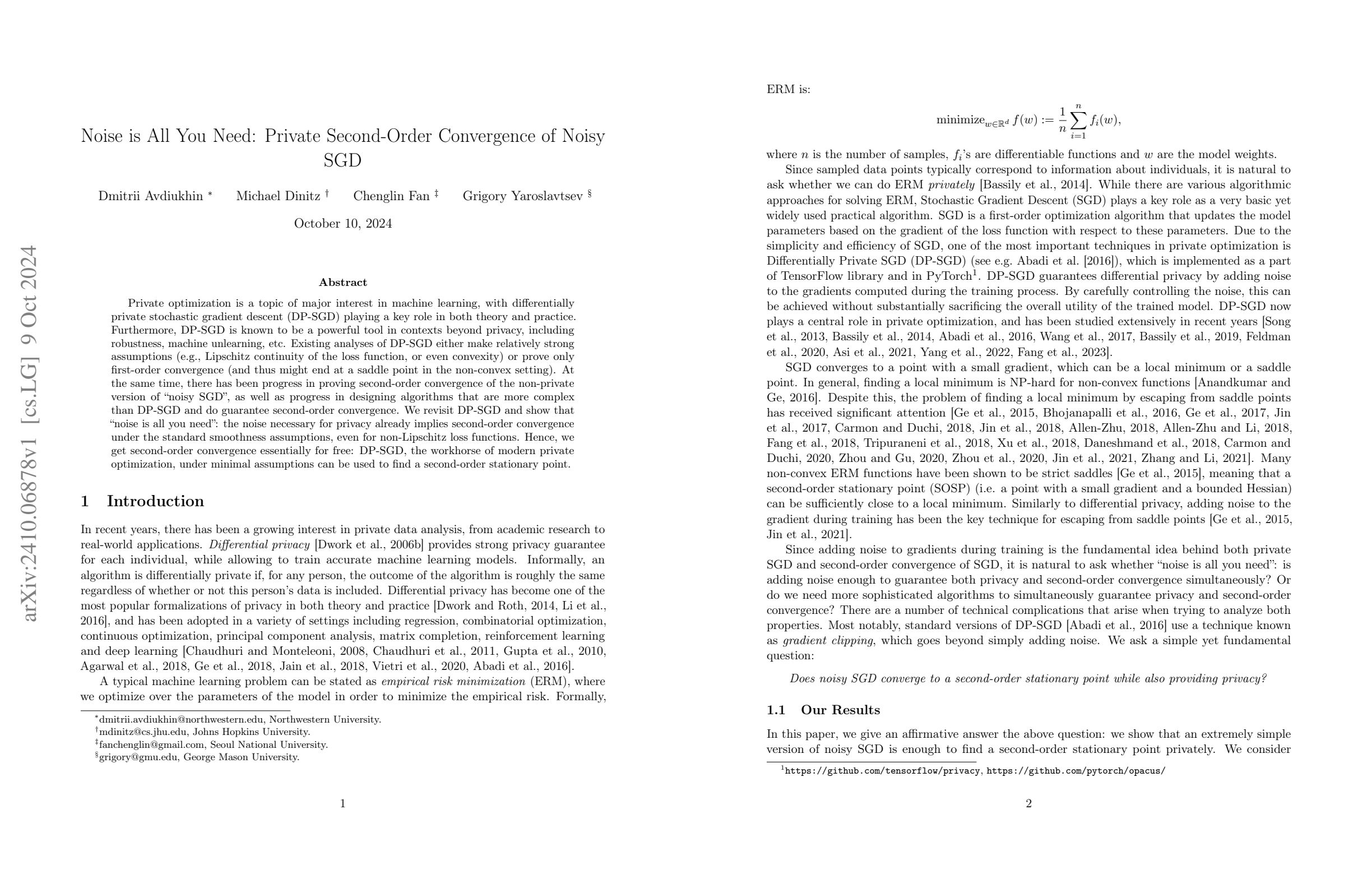 Noise is All You Need: Private Second-Order Convergence of Noisy SGD