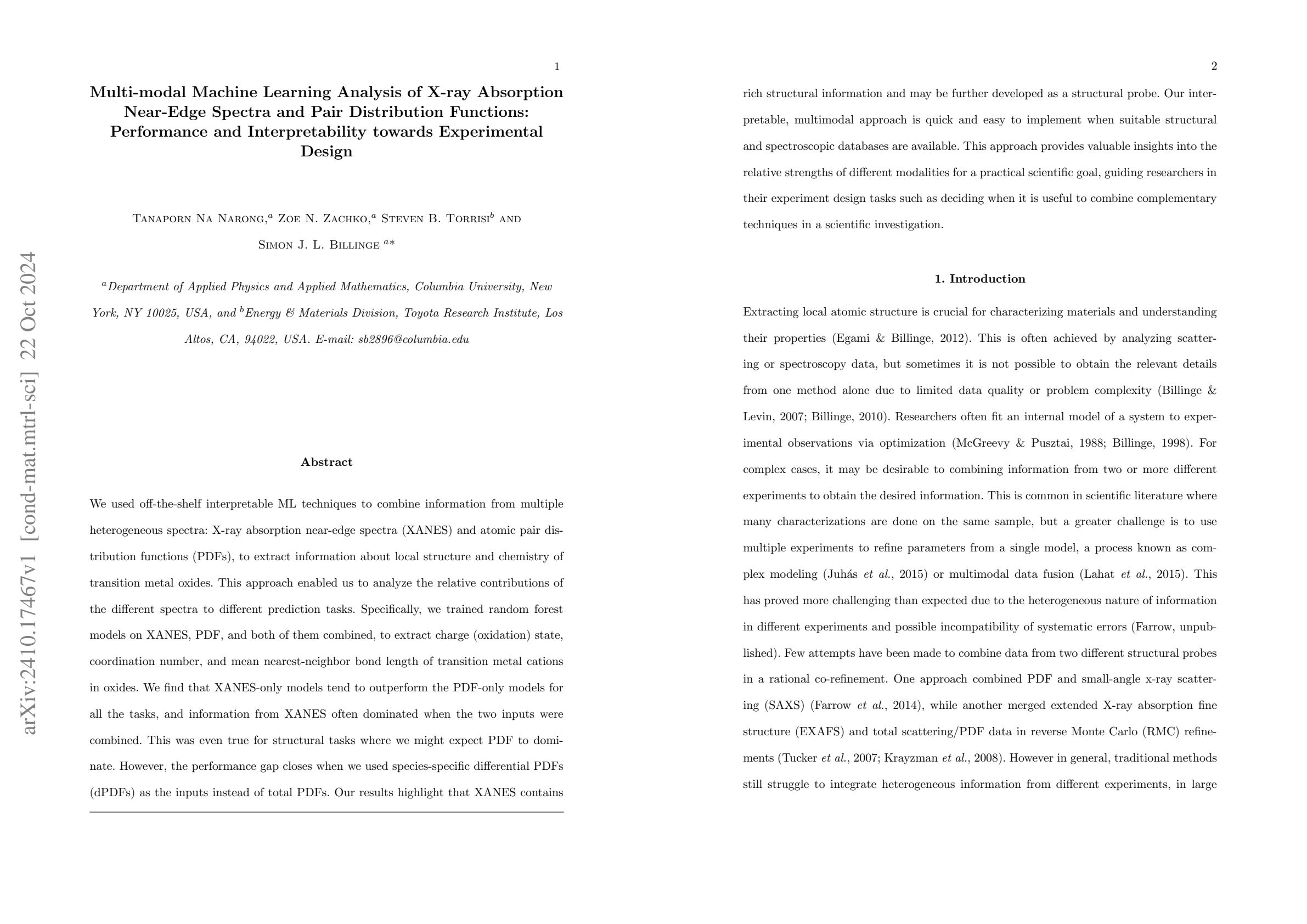 Multi-modal Machine Learning Analysis of X-ray Absorption Near-Edge Spectra and Pair ...