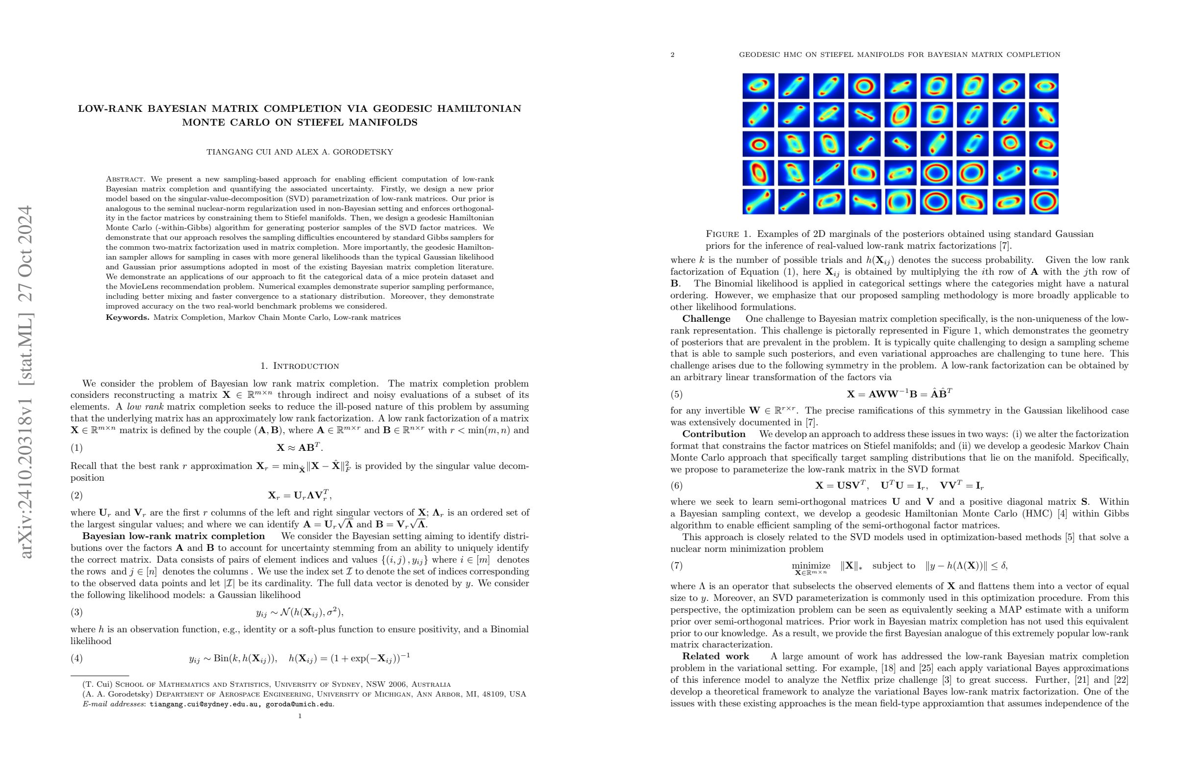 Low-rank Bayesian matrix completion via geodesic Hamiltonian Monte Carlo on Stiefel manifolds
