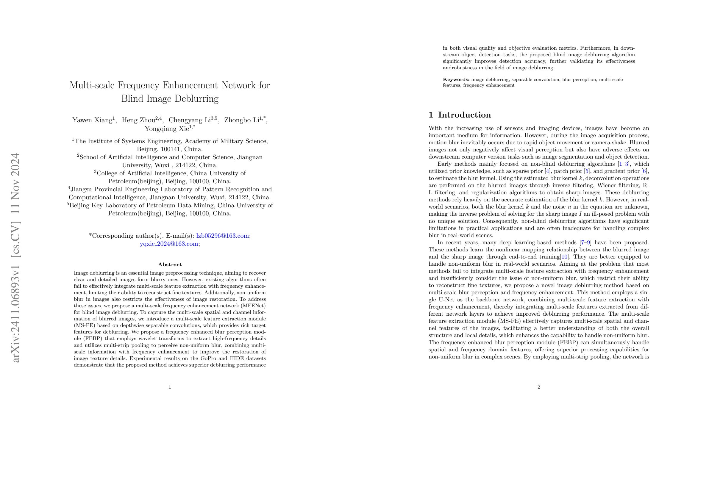 Multi-scale Frequency Enhancement Network for Blind Image Deblurring