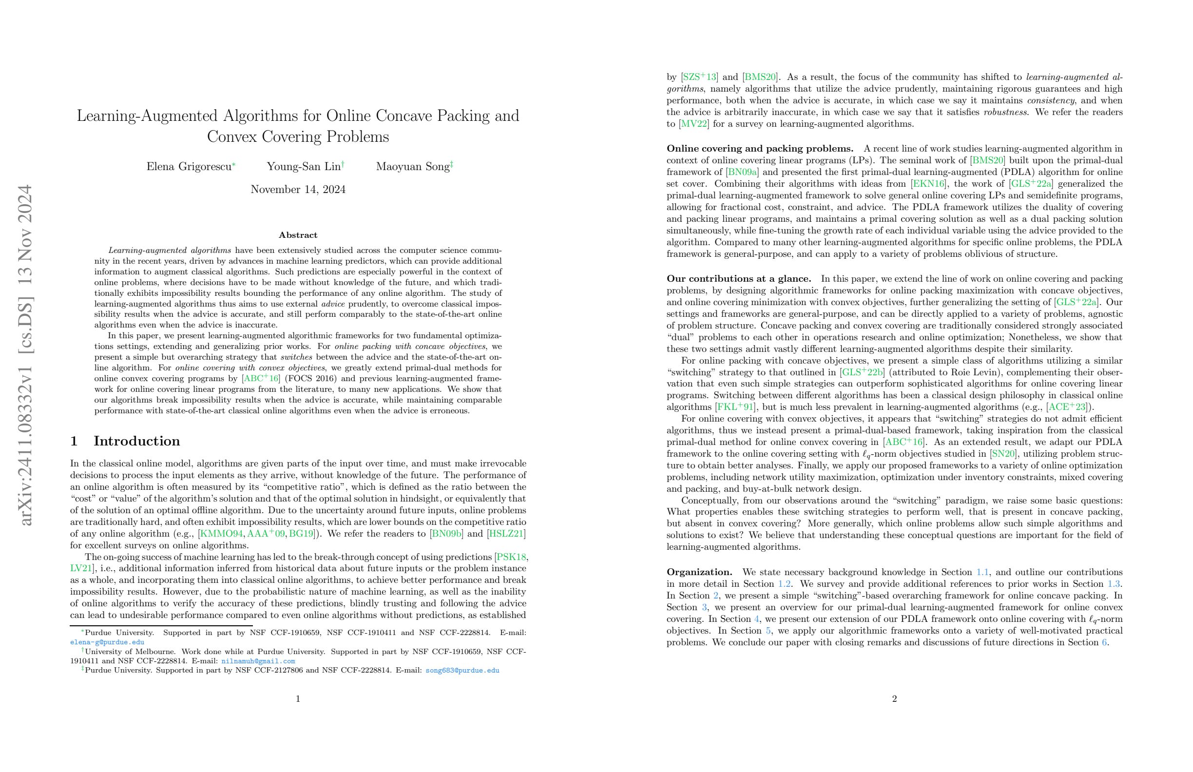 Learning-Augmented Algorithms for Online Concave Packing and Convex Covering Problems
