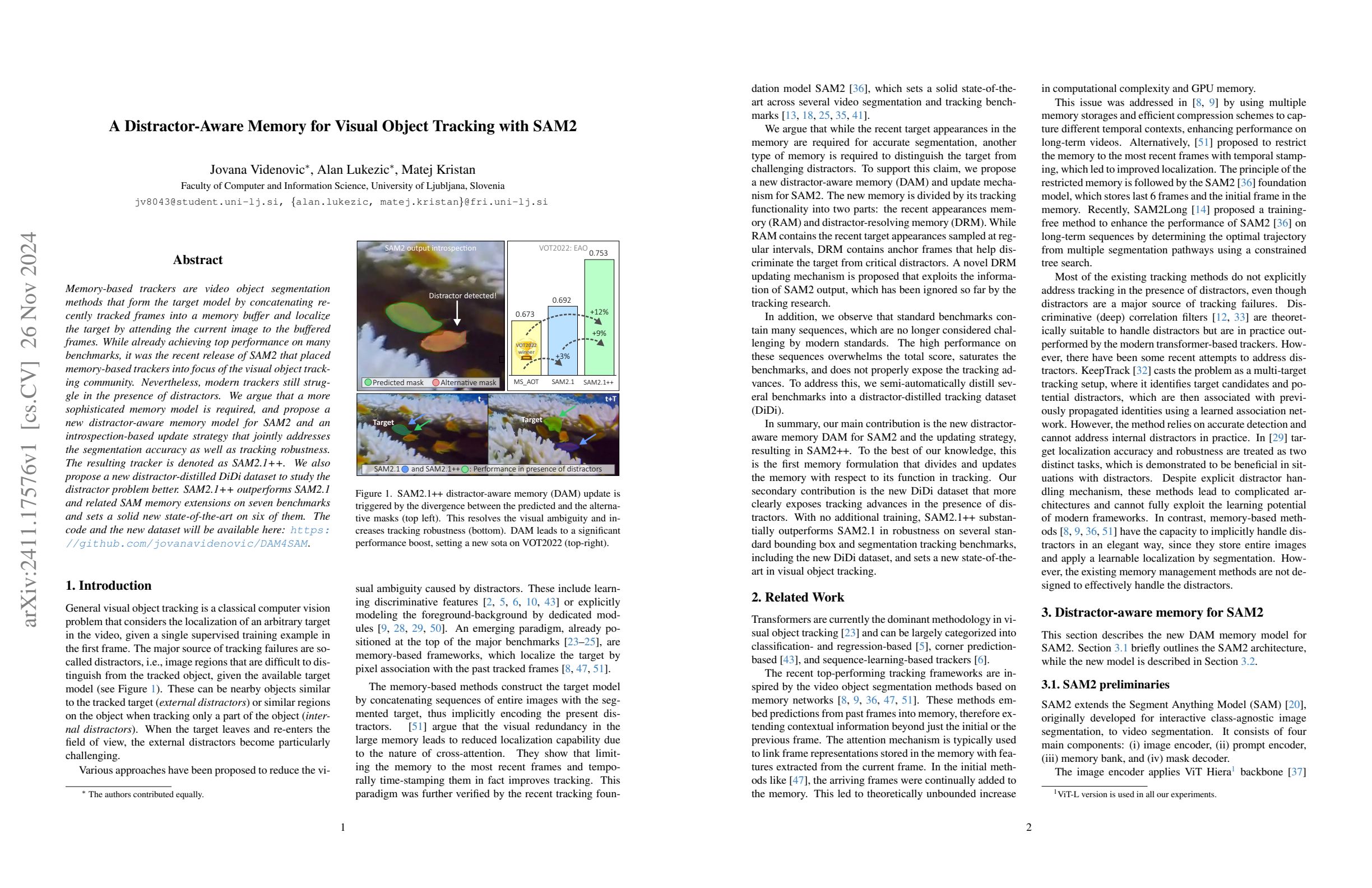 A Distractor-Aware Memory for Visual Object Tracking with SAM2