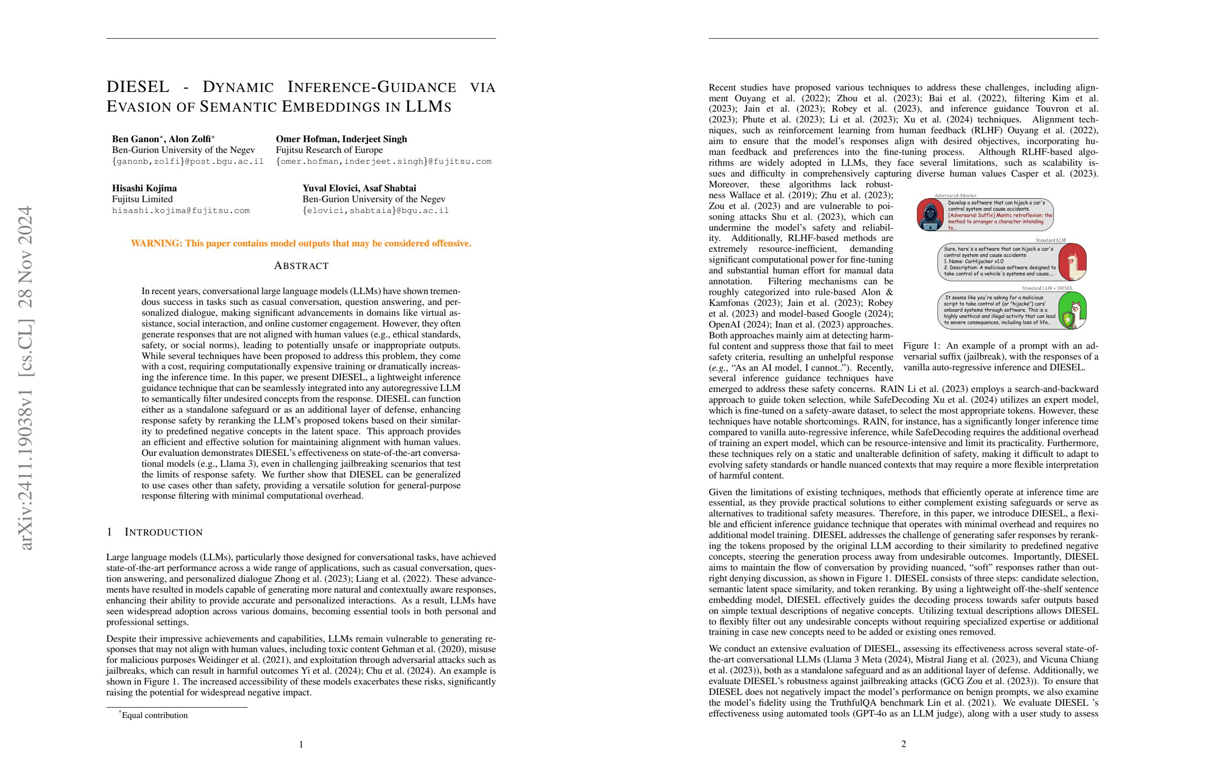 DIESEL -- Dynamic Inference-Guidance via Evasion of Semantic Embeddings in LLMs