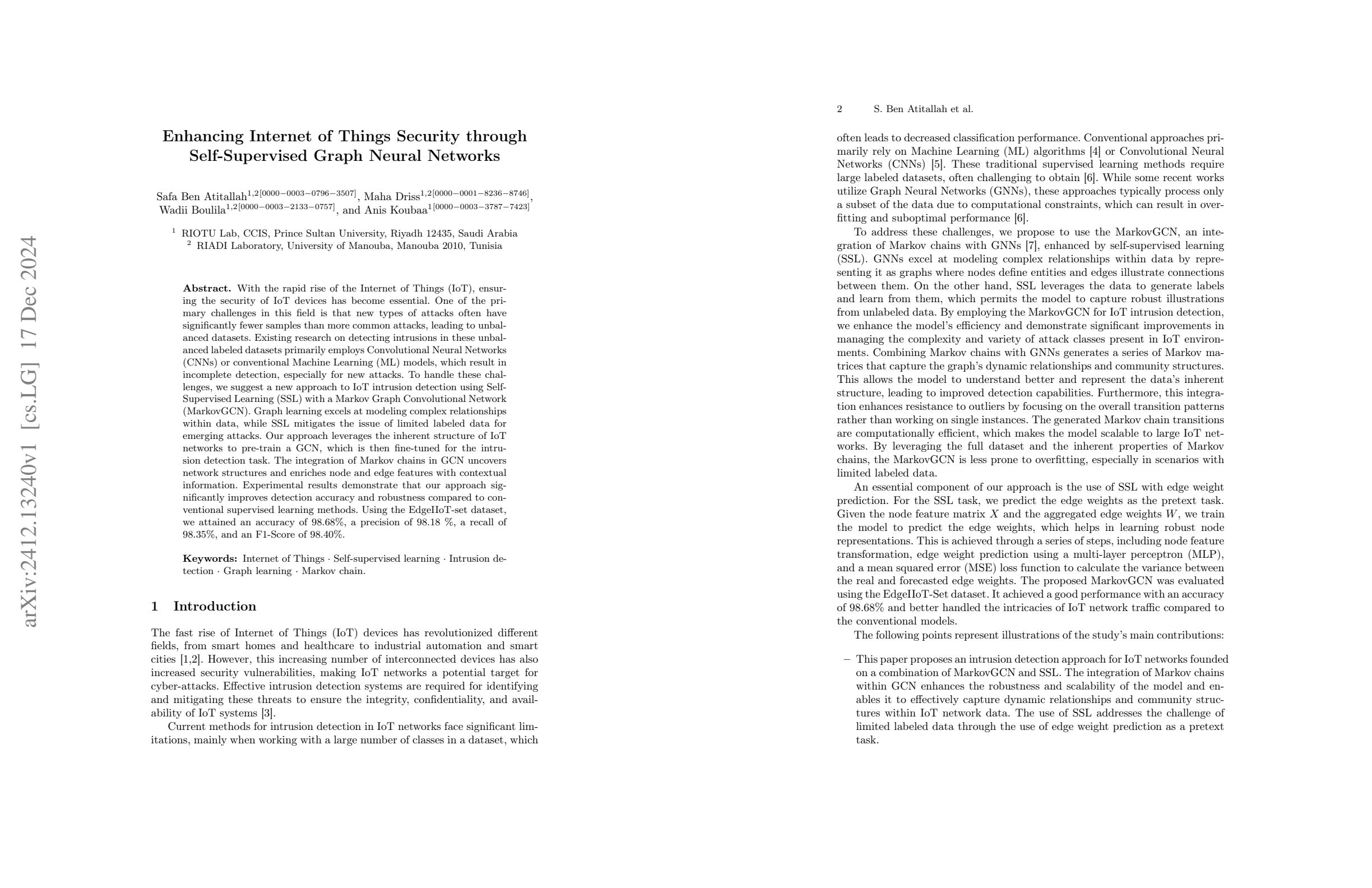 Enhancing Internet of Things Security throughSelf-Supervised Graph Neural Networks