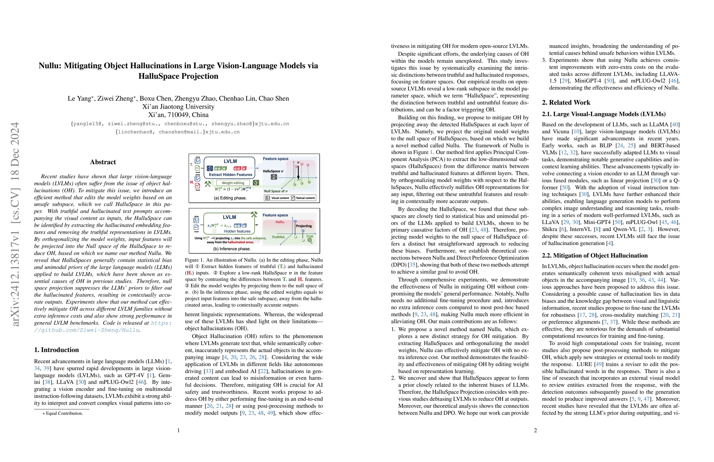 Nullu: Mitigating Object Hallucinations in Large Vision-Language Models via HalluSpace Projection