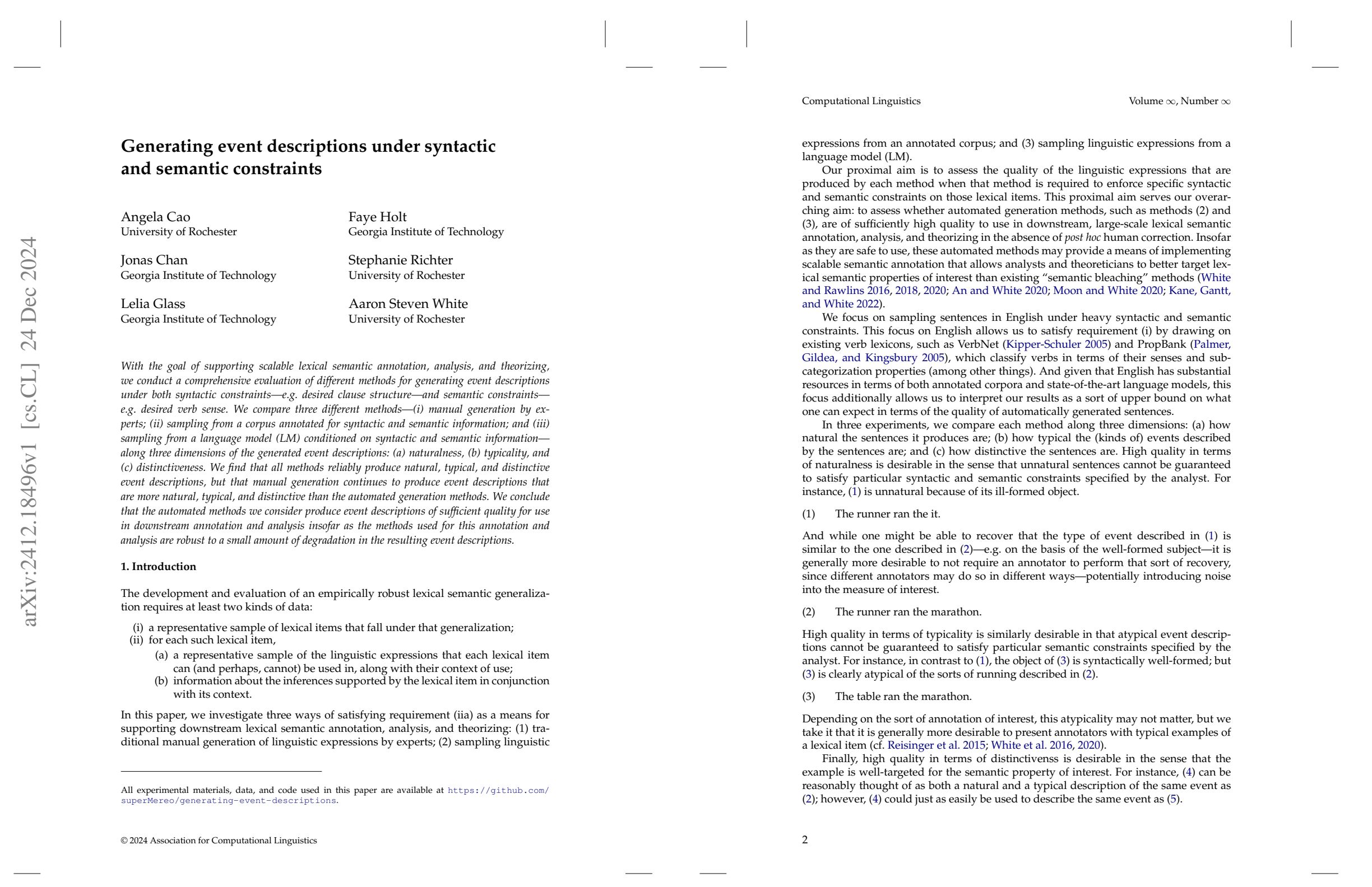 Generating event descriptions under syntactic and semantic constraints