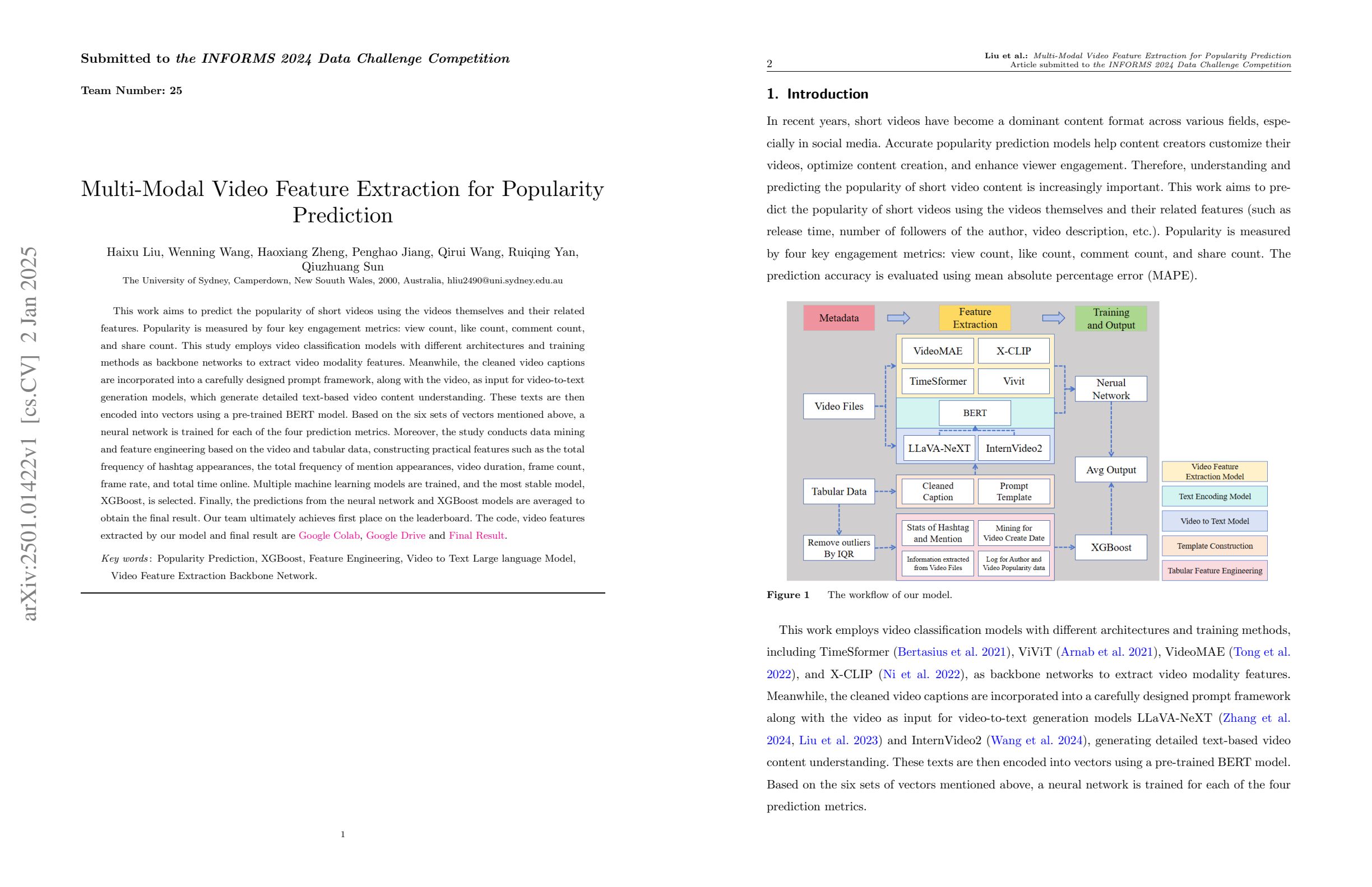 Multi-Modal Video Feature Extraction for Popularity Prediction