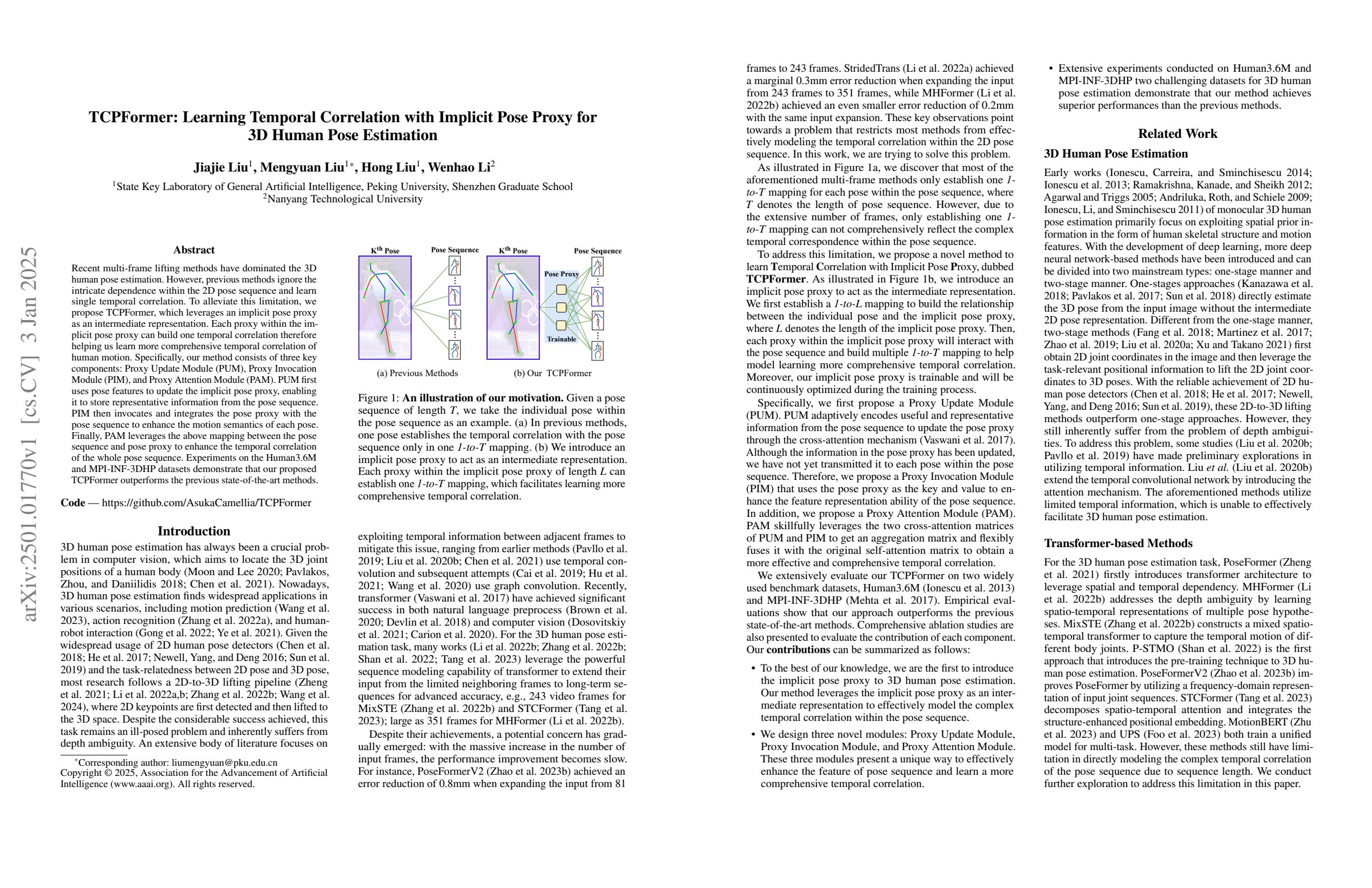 TCPFormer: Learning Temporal Correlation with Implicit Pose Proxy for 3D Human Pose Estimation