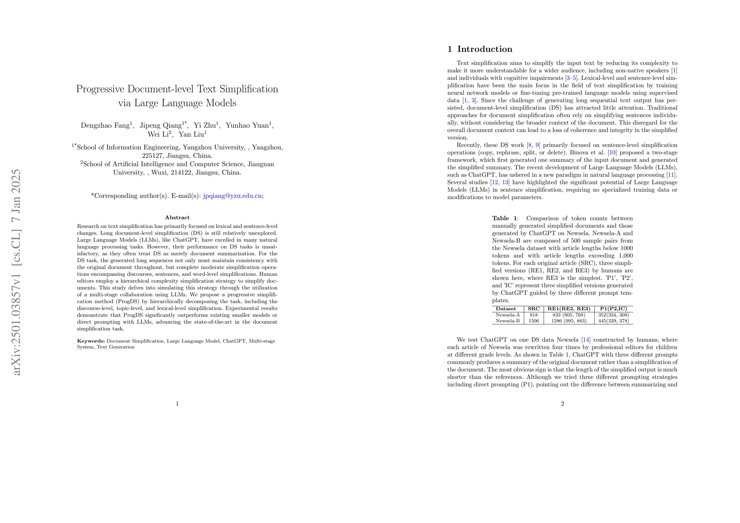 Progressive Document-level Text Simplification via Large Language Models