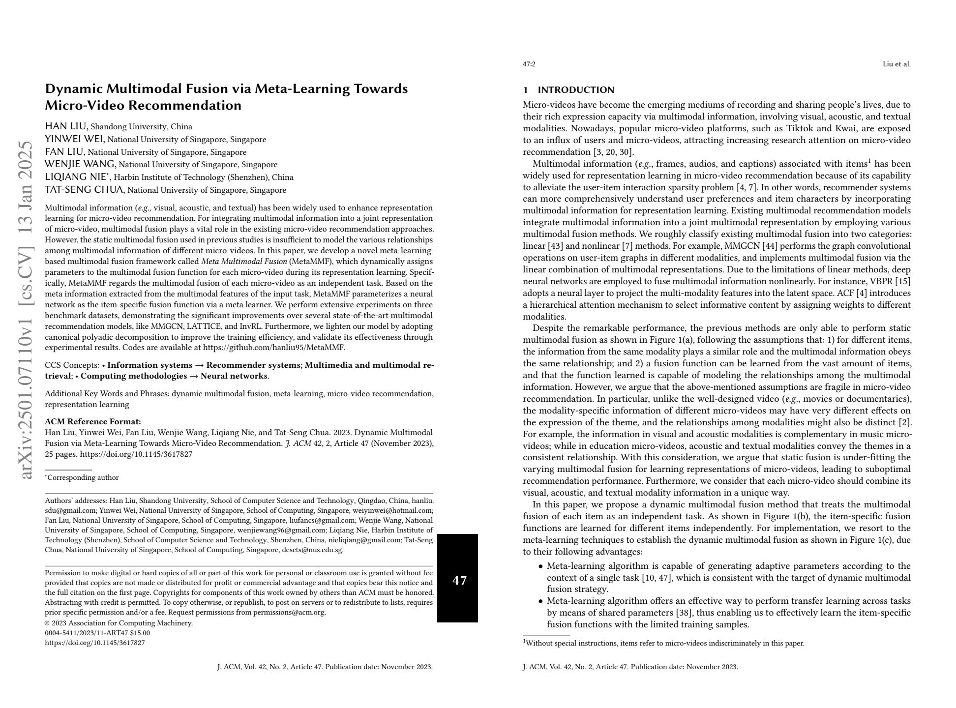 Dynamic Multimodal Fusion via Meta-Learning Towards Micro-Video Recommendation